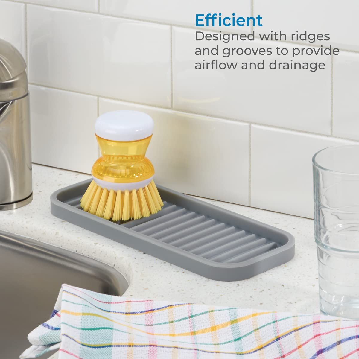 iDesign 63883 Lineo Silicone Kitchen Sink Tray for Sponges, Scrubbers, Soap, Stovetop Spoon Holder, 9" x 3.5" x 0.5", Gray
