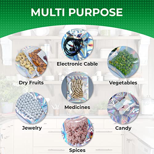 Resealable Mylar Bags for Food Storage (5x8 Inch-100 Pack _ Holographic)
