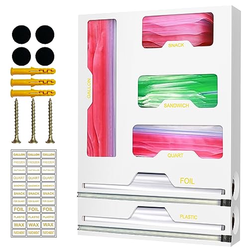 Tclouda Bag Organizer for Ziplock, Foil and Plastic Wrap Organizer, 6 in 1, Bamboo Dispenser with Cutter for Kitchen Drawer and Wall Mounted, Storage for Gallon, Quart, Sandwich, Snack, White