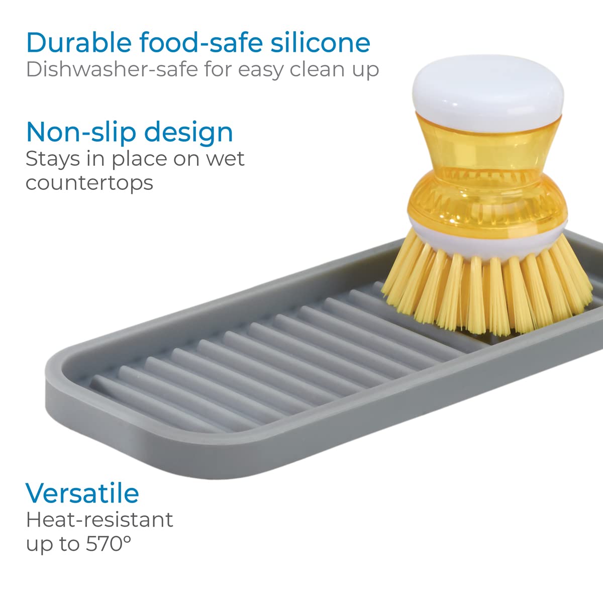 iDesign 63883 Lineo Silicone Kitchen Sink Tray for Sponges, Scrubbers, Soap, Stovetop Spoon Holder, 9" x 3.5" x 0.5", Gray
