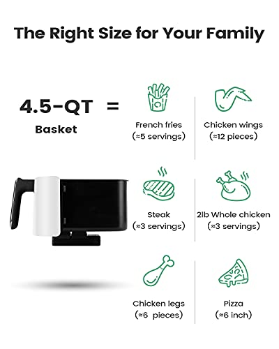 [NEW LANUCH] KOOC Large Air Fryer, 4.5-Quart Electric Hot Oven Cooker, Free Cheat Sheet for Quick Reference Guide, LED Touch Digital Screen, 8 in 1, Customized Temp/Time, Nonstick Basket, White