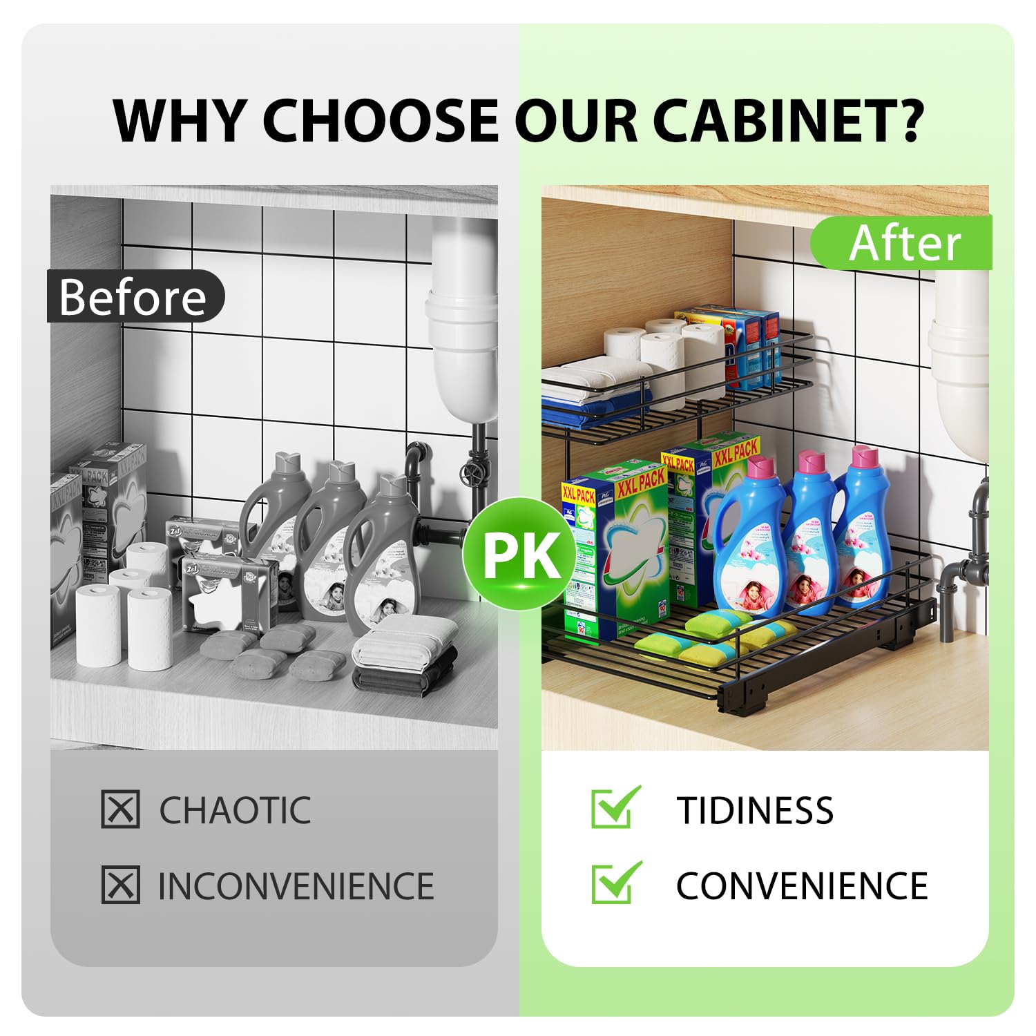 AHNR Pull Out Cabinet Organizer, 2 Tier Under Kitchen Sink Organizers and Storage Cabinet Slide Out Shelves, Pull Out Drawers for Kitchen Cabinets - 12.6W x 16.5D x 13H, Black