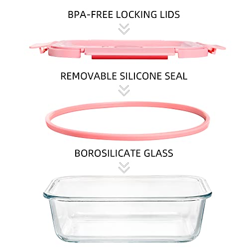 10 Pack Glass Meal Prep Containers with Lids and Steam Vent, Leak-Proof Food Storage Containers with Airtight Lids, Dishwasher / Microwave / Oven / Freezer Safe Glass Containers for Leftovers (Pink)