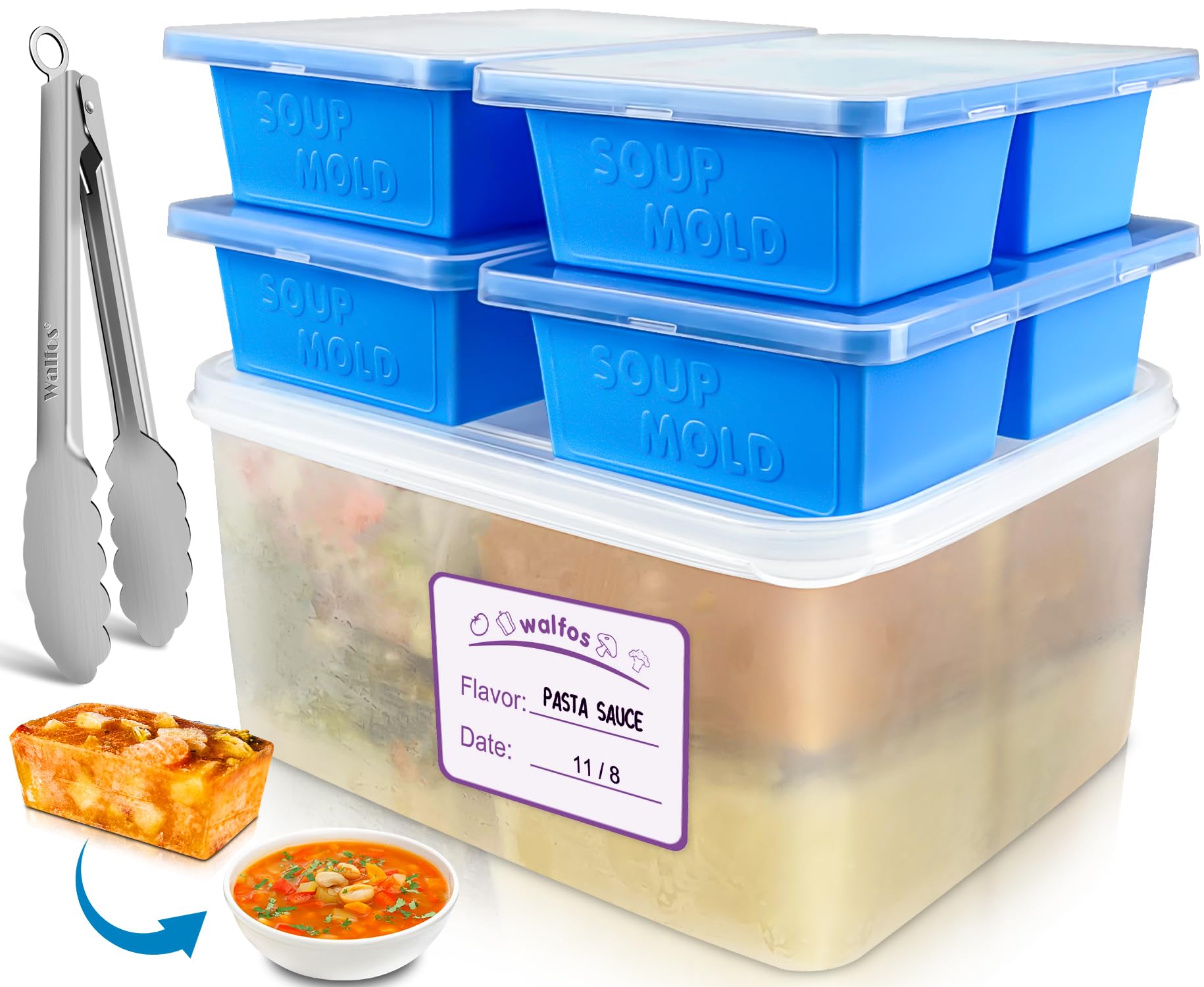 Walfos 1 Cup Silicone Freezer Tray with Lid,Soup Freezer Molds 4 Packs,Bin and Tongs,BPA Free Silicone Freezing Container,Perfect For Storing and Freezing Soup,Broth,Sauce,with 12 Removable Labels