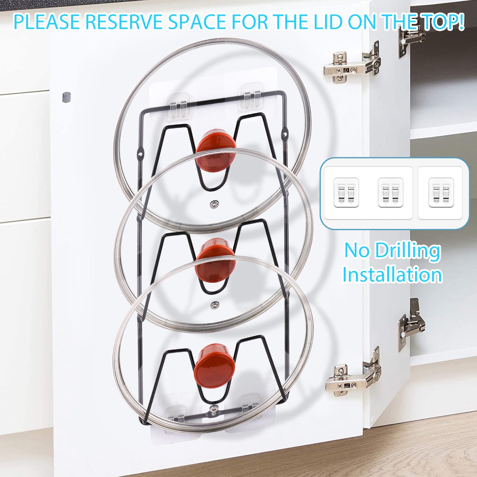 EXAIEW Pot Lid Organizer Rack, 3-Tier Pot Lids Holder for Cabinet Door/Wall, No Drilling Adhesive Wall/Door Mounted Pots And Pans Organizer For Kitchen Storage, 1Pack Black Lid Rack for Pot Lids