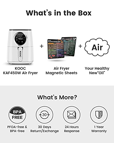 [NEW LANUCH] KOOC Large Air Fryer, 4.5-Quart Electric Hot Oven Cooker, Free Cheat Sheet for Quick Reference Guide, LED Touch Digital Screen, 8 in 1, Customized Temp/Time, Nonstick Basket, White