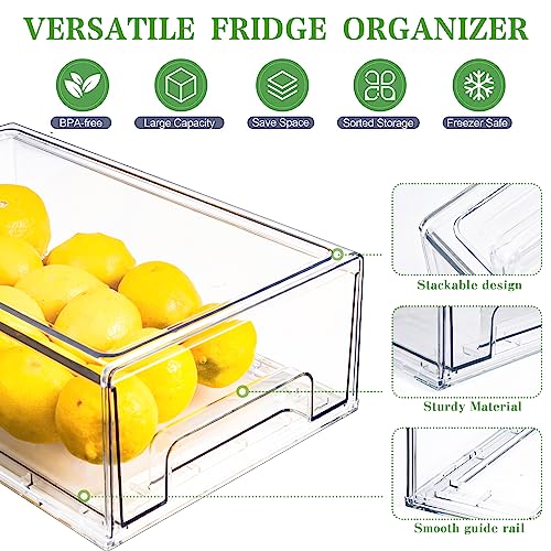 Totexil Fridge Drawers, 2 Pack Clear Stackable Pull Out Refrigerator Organizer Bins, BPA-Free Plastic Pantry Organization and Storage, Clear Storage Bins with Drawers for Kitchen Cabinet Office(Large)
