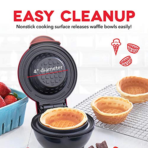 Dash Mini Waffle Bowl Maker for Breakfast, Burrito Bowls, Ice Cream and Other Sweet Deserts, Recipe Guide Included - Red
