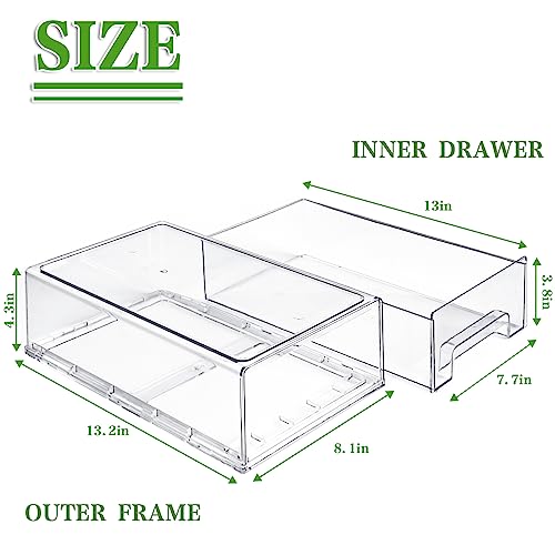 Totexil Fridge Drawers, 2 Pack Clear Stackable Pull Out Refrigerator Organizer Bins, BPA-Free Plastic Pantry Organization and Storage, Clear Storage Bins with Drawers for Kitchen Cabinet Office(Large)