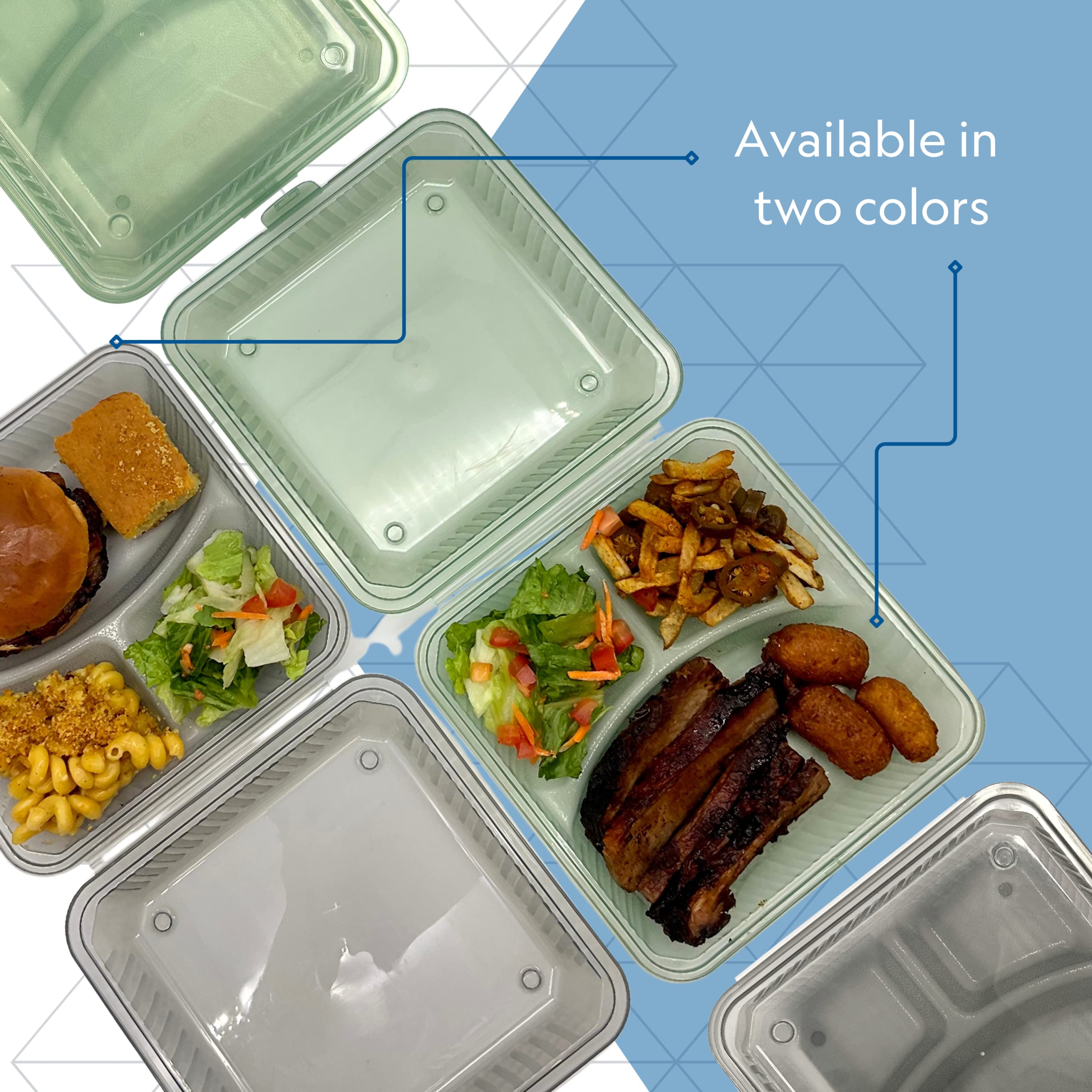 FSE Reusable to Go Take Out Container, 3-Compartment, BPA Free, 9" x 9" x 2.5", Green, Ideal for Meal Prep, Microwave and Dishwasher Safe
