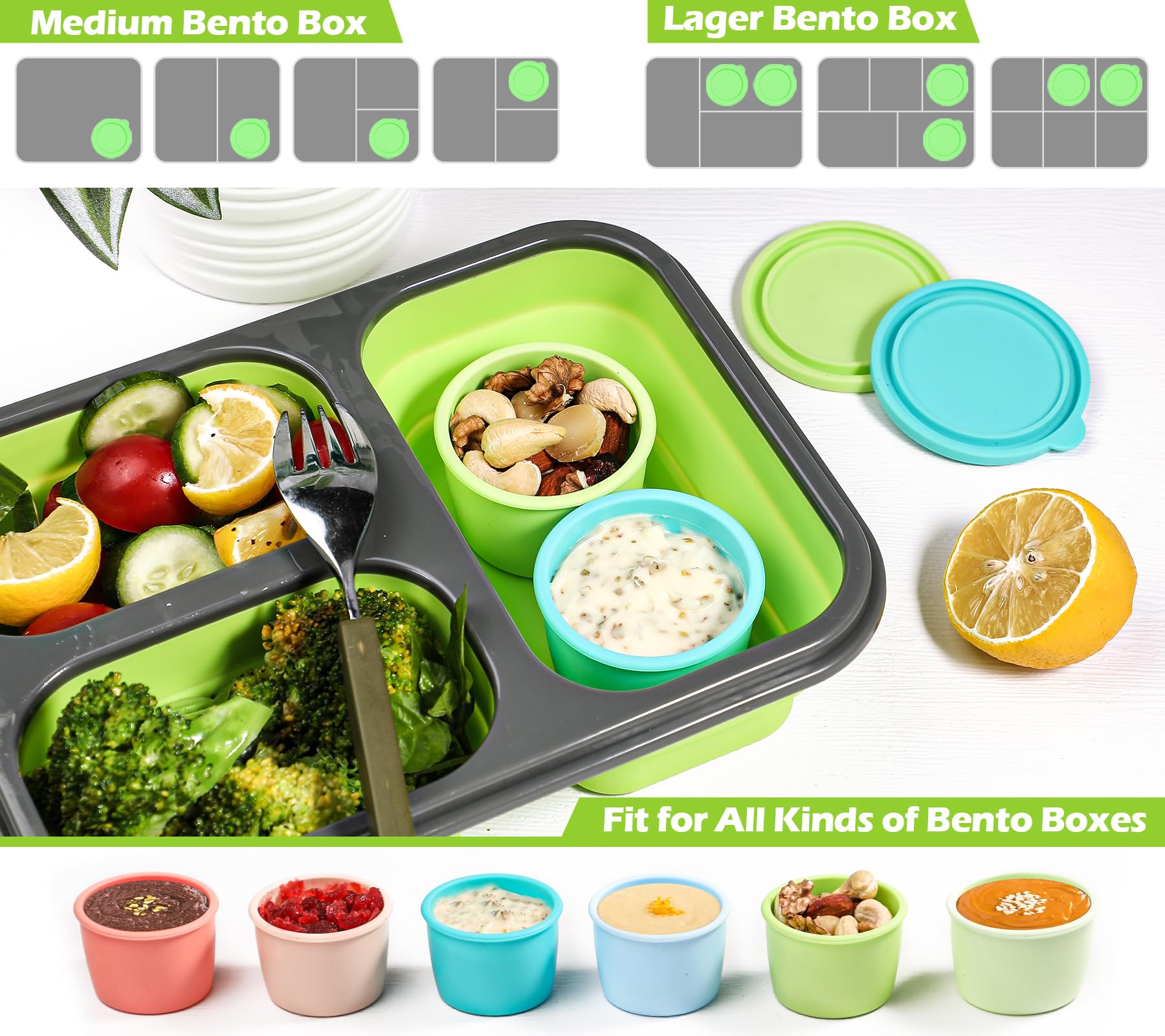 Webake 2.5 oz Salad Dressing Container to Go, 6 Pack Silicone Sauce Container with Lids, Leakproof Condiment Container Fits in Bento Box for Lunch, Reusable Sauce Cups for Office, Travel, Picnic