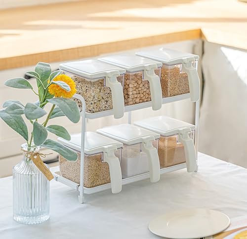 carrotez 2 Pack Airtight Spice Containers with Labels and Spoons, Food Storage Containers for Herbs, Coffee, Seasoning Organization, BPA free - White