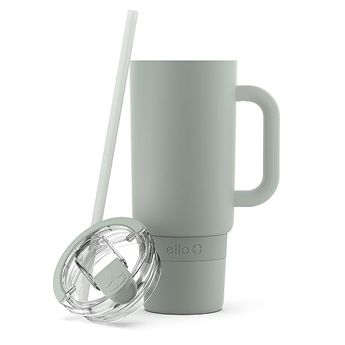 Ello Port 40oz Tumbler with Carry Loop & Integrated Handle, Vacuum Insulated Stainless Steel Reusable Water Bottle, Travel Mug with Leak Proof Lid & Straw, Perfect for Iced Coffee & Tea, Sage