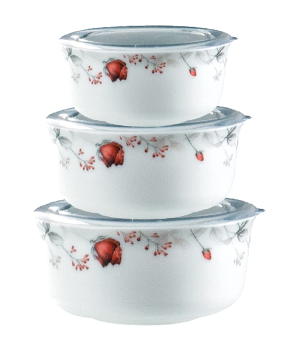 UNIWARE Food Container Set/Food Organizer Set, 3 bowls + 3 Lids, Gift Box, OPAL GLASSWARE, Dishwasher Safe, Microwave Safe (Rose Flower Set Style 1)