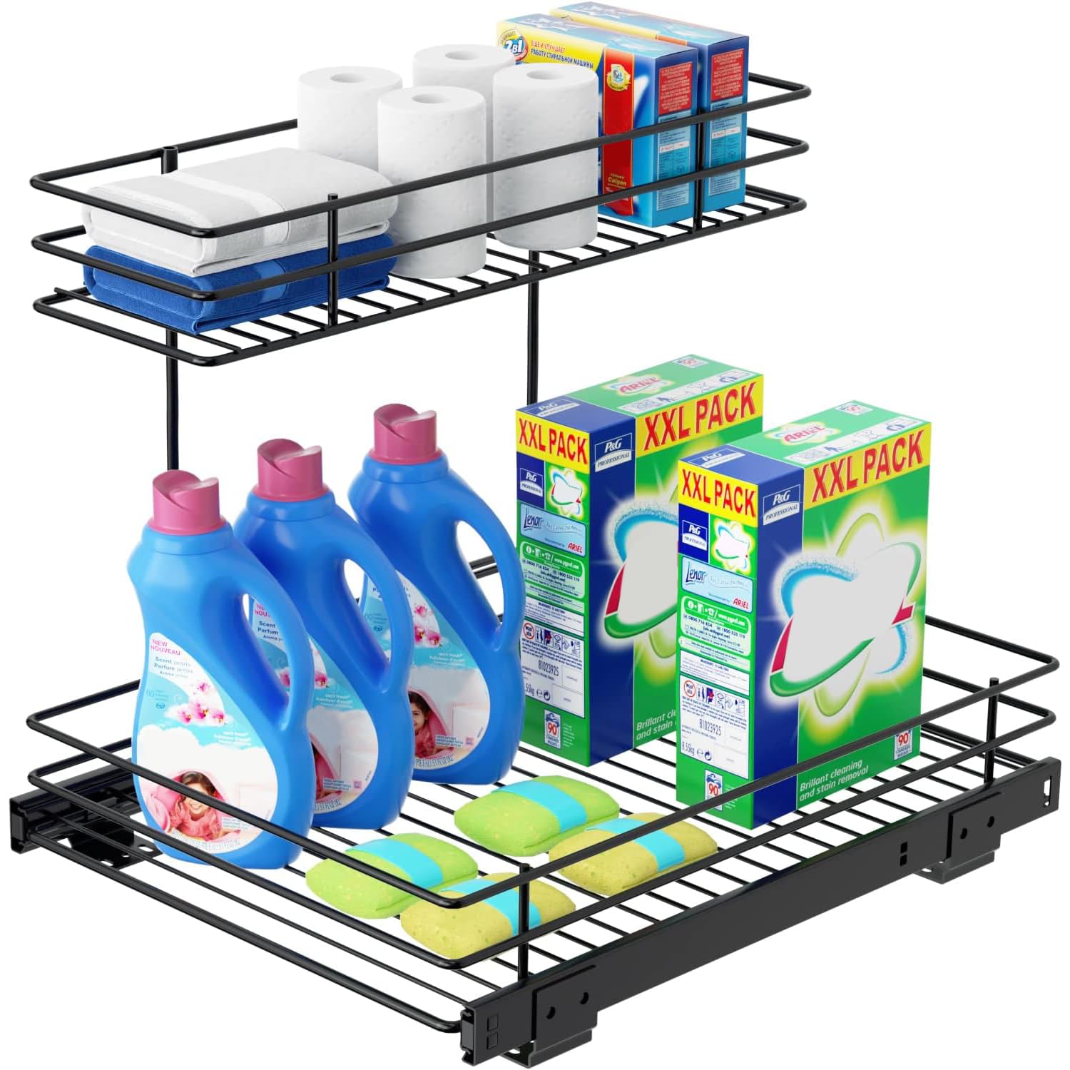 AHNR Pull Out Cabinet Organizer, 2 Tier Under Kitchen Sink Organizers and Storage Cabinet Slide Out Shelves, Pull Out Drawers for Kitchen Cabinets - 12.6W x 16.5D x 13H, Black
