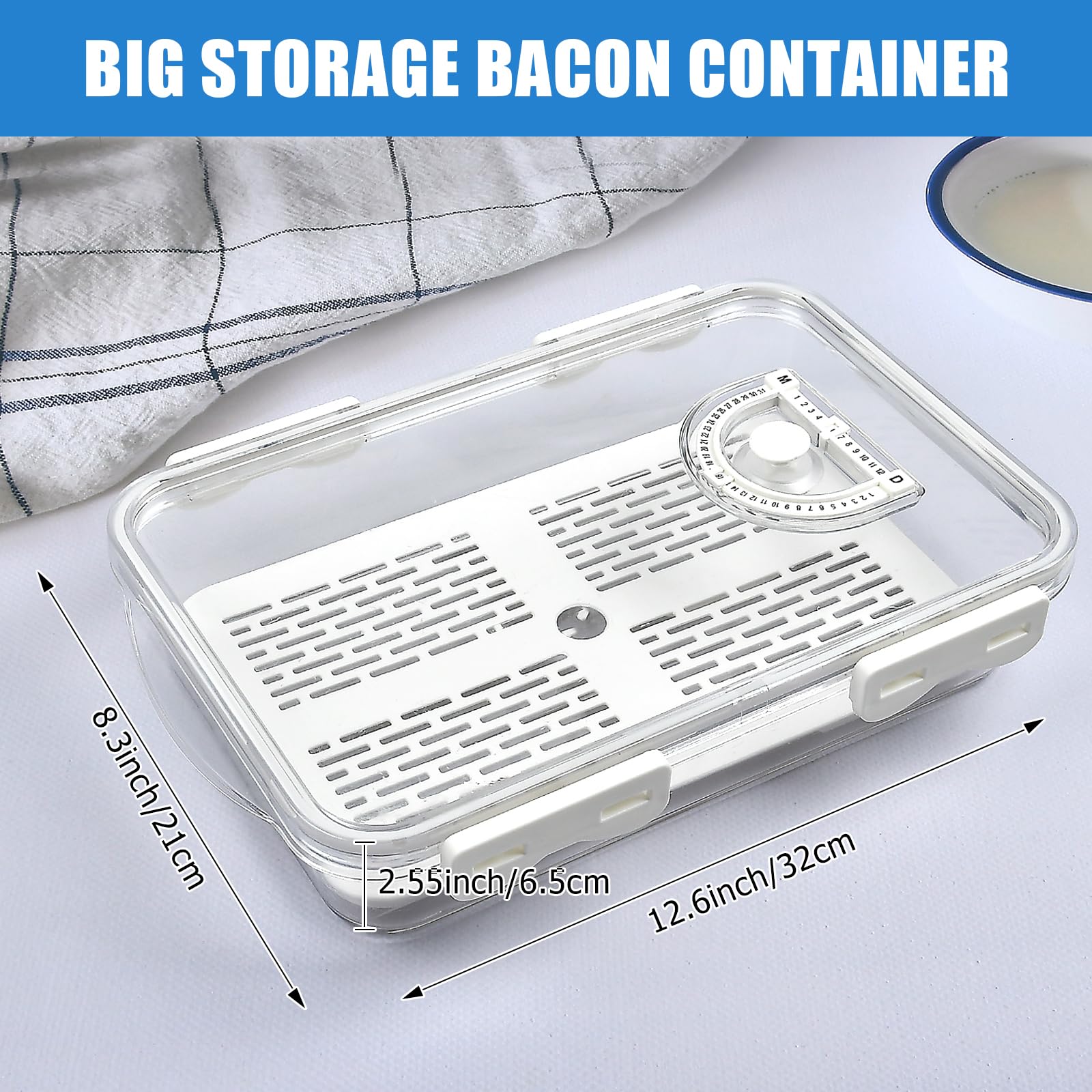 Bacon Container for Refrigerator, Airtight Thick Plastic Deli Meat Keeper with Lids for Fridge, Kitchen Cold Cuts Food Storage Organizer, Bacon Holder Cheese Saver with Serving Tongs and Drain Plate