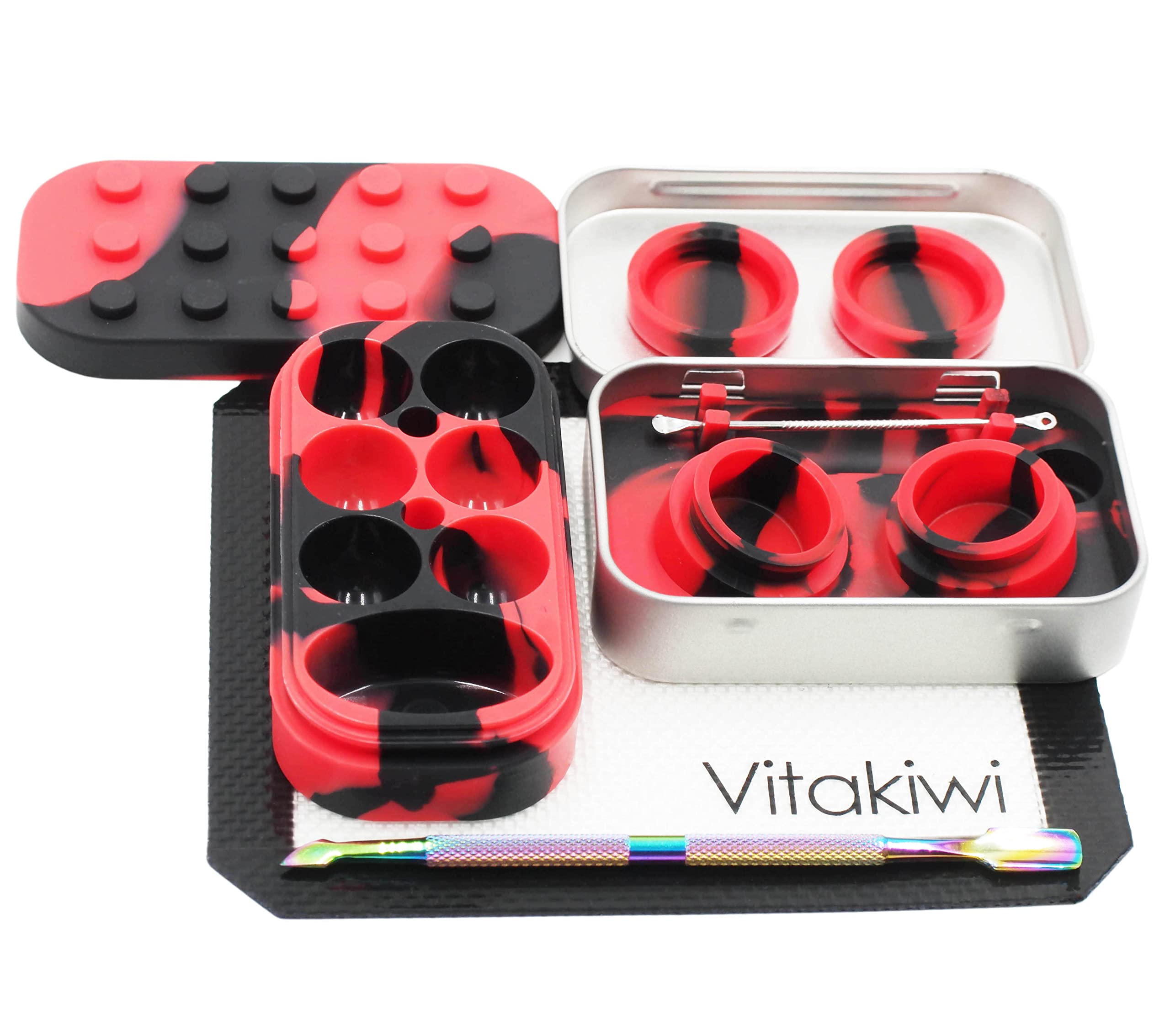 Vitakiwi Silicone Carving Travel Tin Kit with 5ml 34ml Multi Compartment Concentrate Containers Non-stick Jars + 4.8" Gold Carving Tool + 5.9"×4.9" Mat (Red Black)