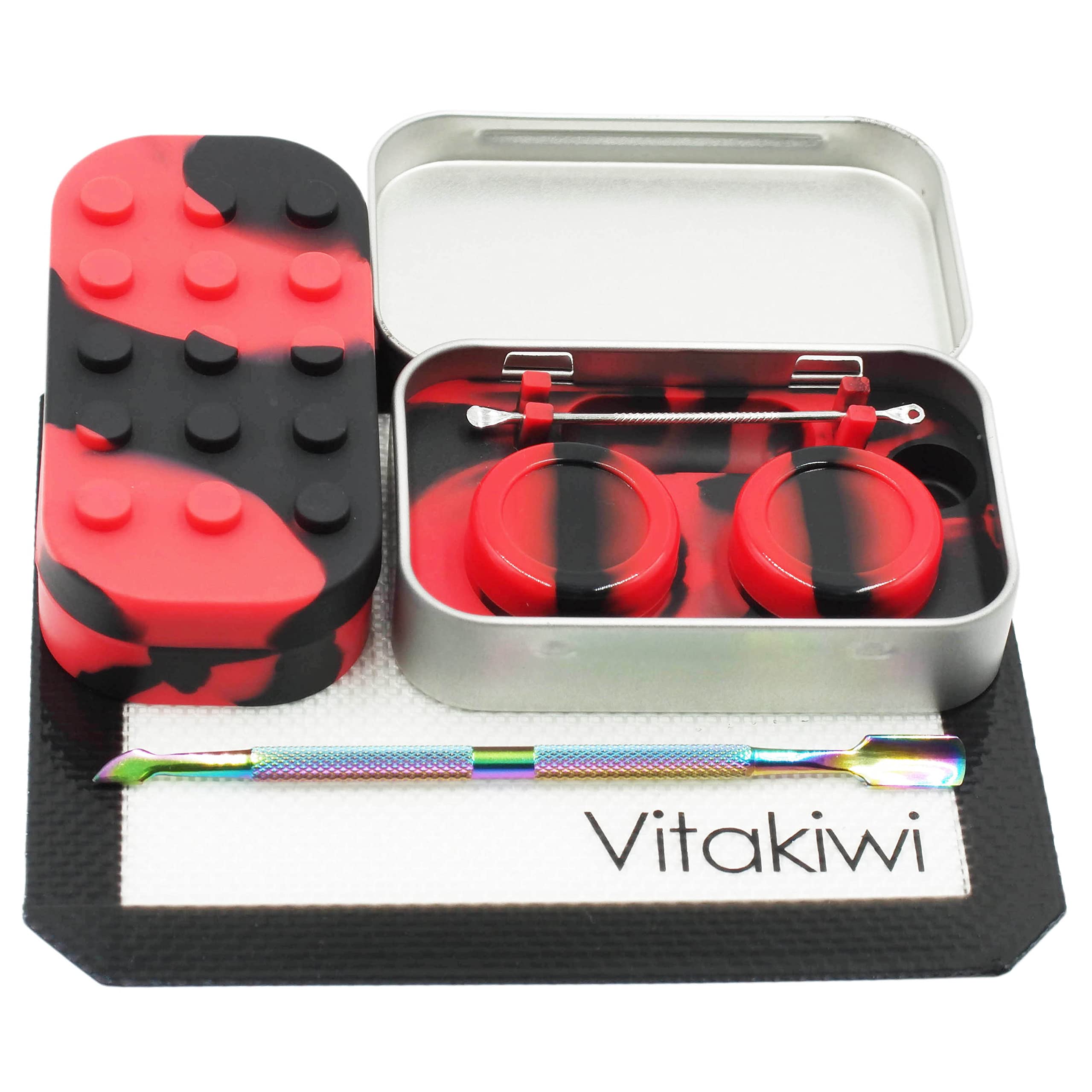 Vitakiwi Silicone Carving Travel Tin Kit with 5ml 34ml Multi Compartment Concentrate Containers Non-stick Jars + 4.8" Gold Carving Tool + 5.9"×4.9" Mat (Red Black)