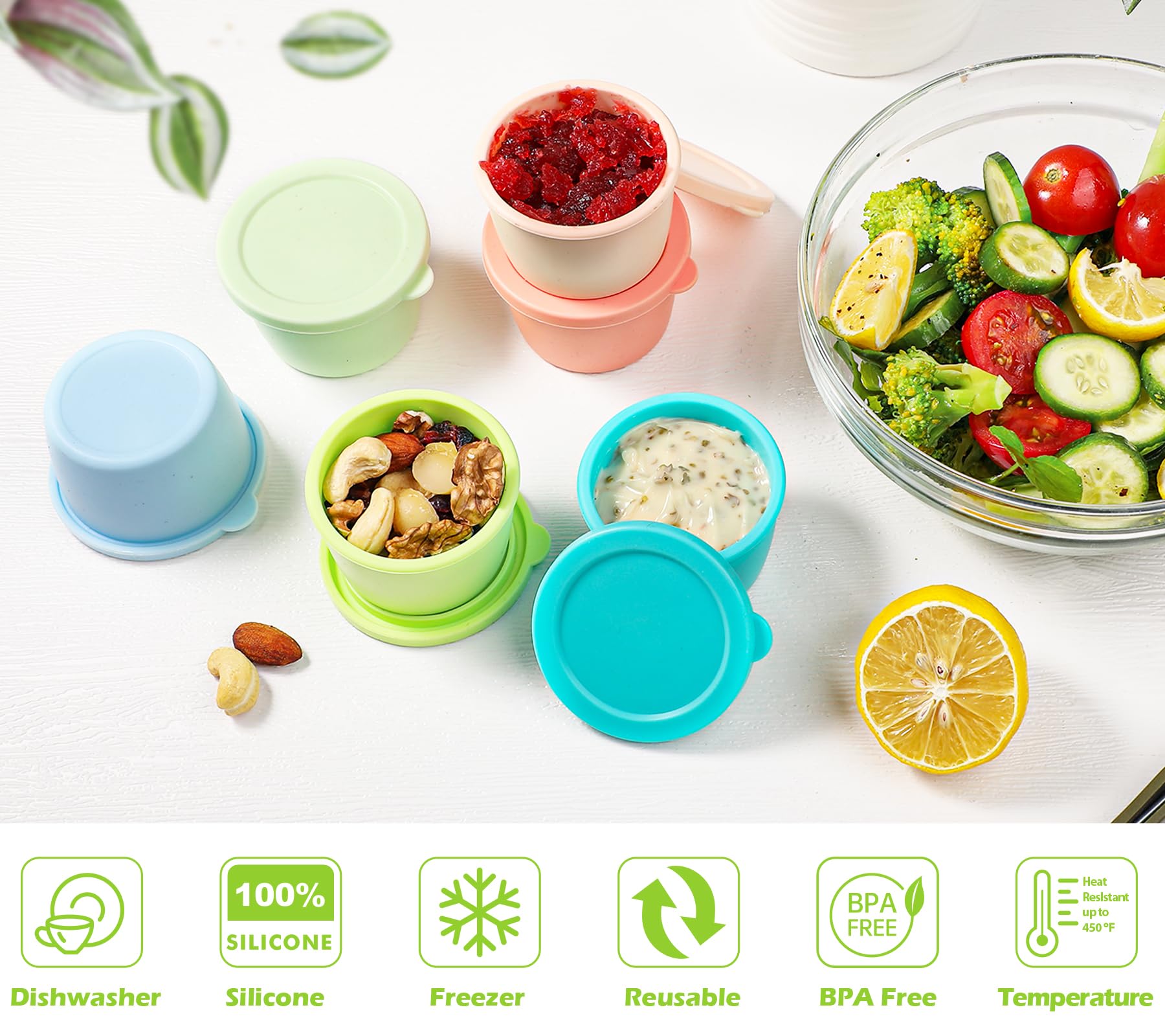 Webake 2.5 oz Salad Dressing Container to Go, 6 Pack Silicone Sauce Container with Lids, Leakproof Condiment Container Fits in Bento Box for Lunch, Reusable Sauce Cups for Office, Travel, Picnic