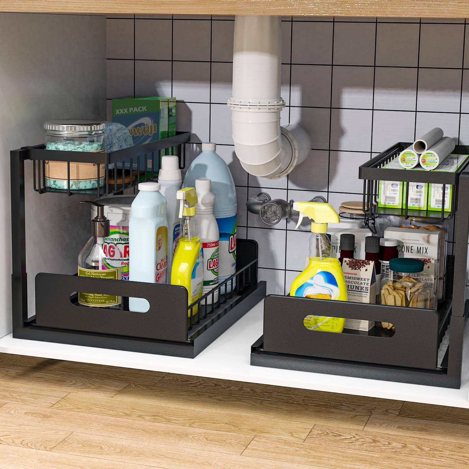 Bukfen Under Sink Organizer, Pull Out Cabinet Organizer 2-Tier Slide Out Sliding Shelf Under Cabinet Storage Multi-Use for Under Kitchen Bathroom Sink Organizers and Storage ,2 Pack
