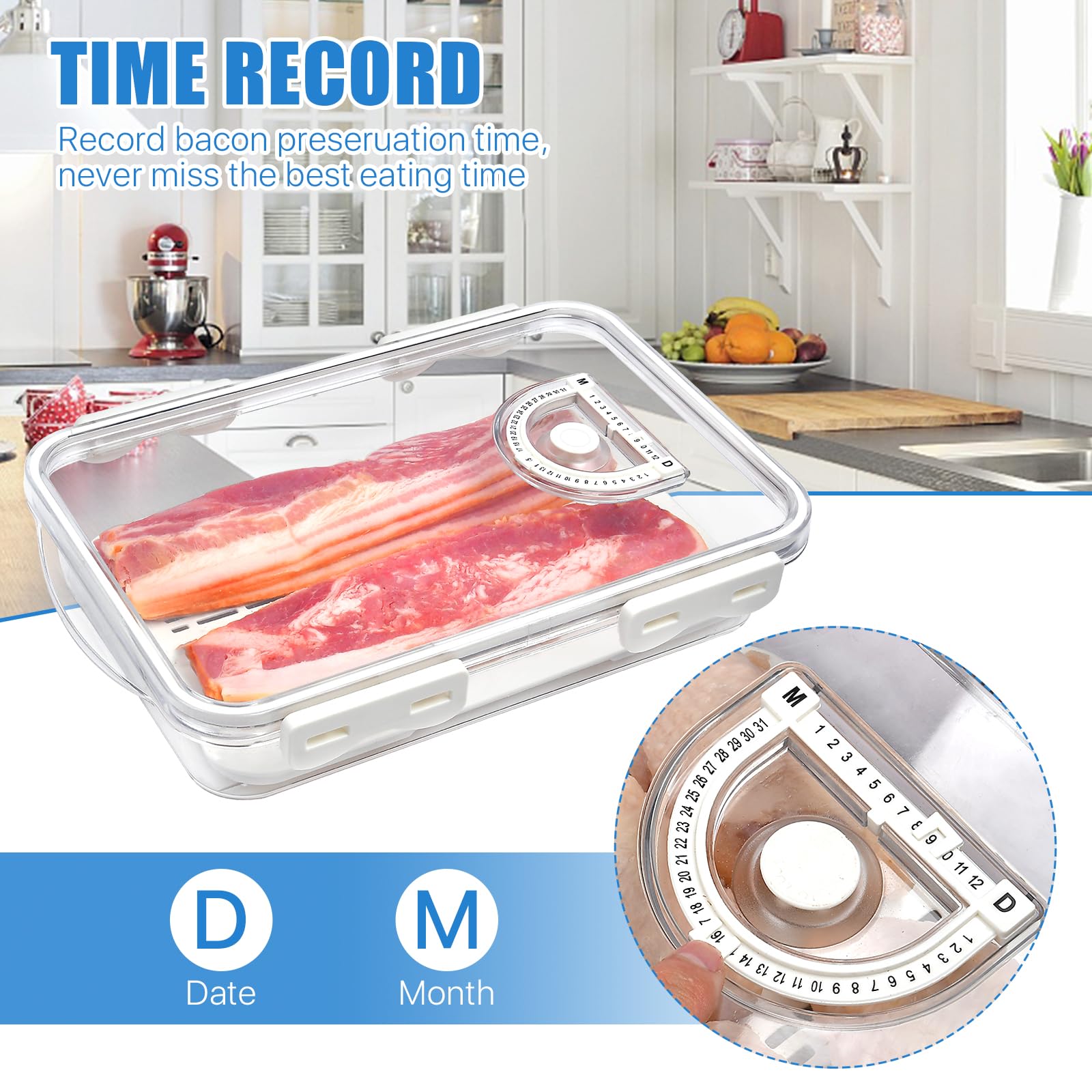 Bacon Container for Refrigerator, Airtight Thick Plastic Deli Meat Keeper with Lids for Fridge, Kitchen Cold Cuts Food Storage Organizer, Bacon Holder Cheese Saver with Serving Tongs and Drain Plate