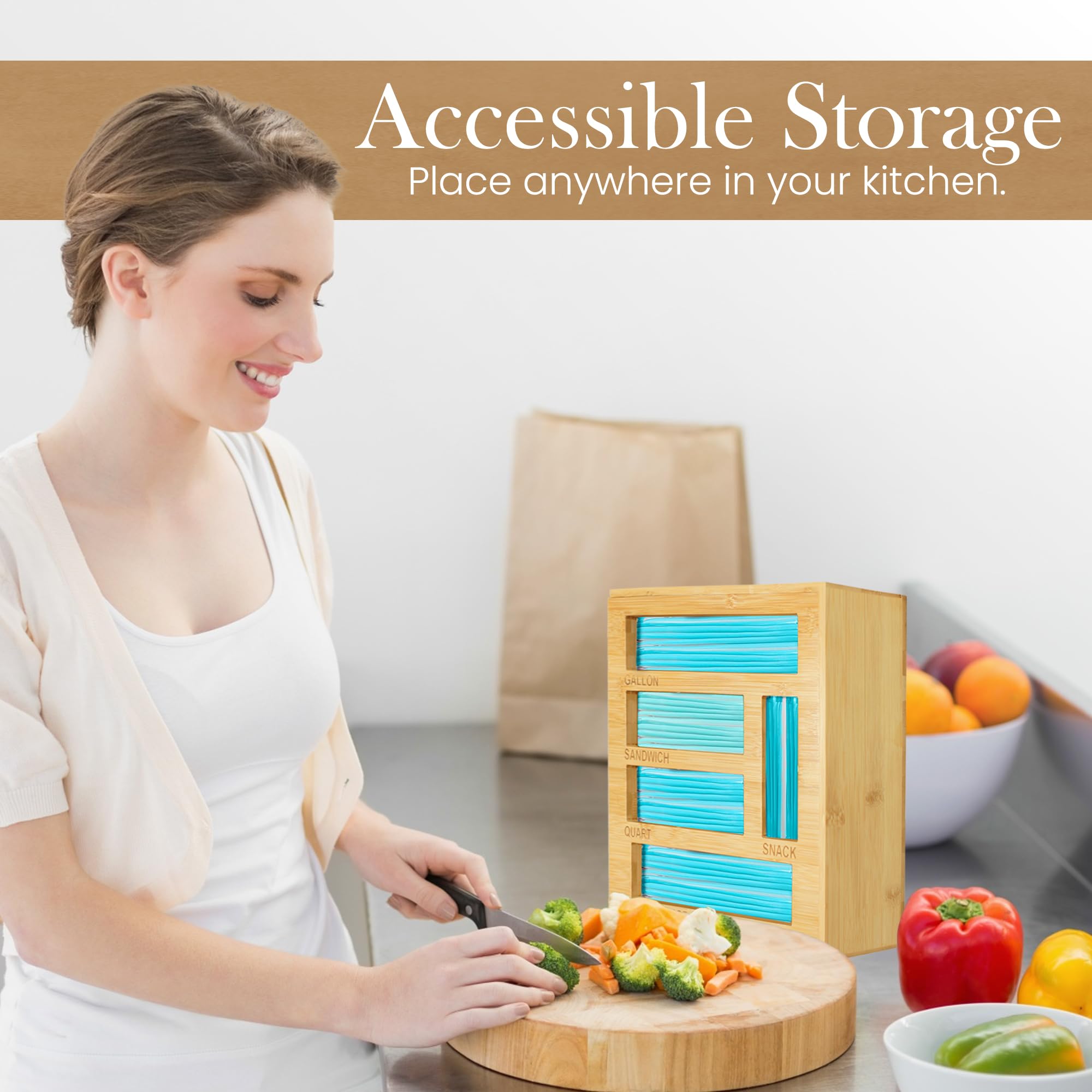 Bamboo Bag Storage Organizer + Bonus: 5 Reusable Bags and Labeling Stickers - Food Kitchen Pantry Holder for Bags, Baggies, and Storage Drawers