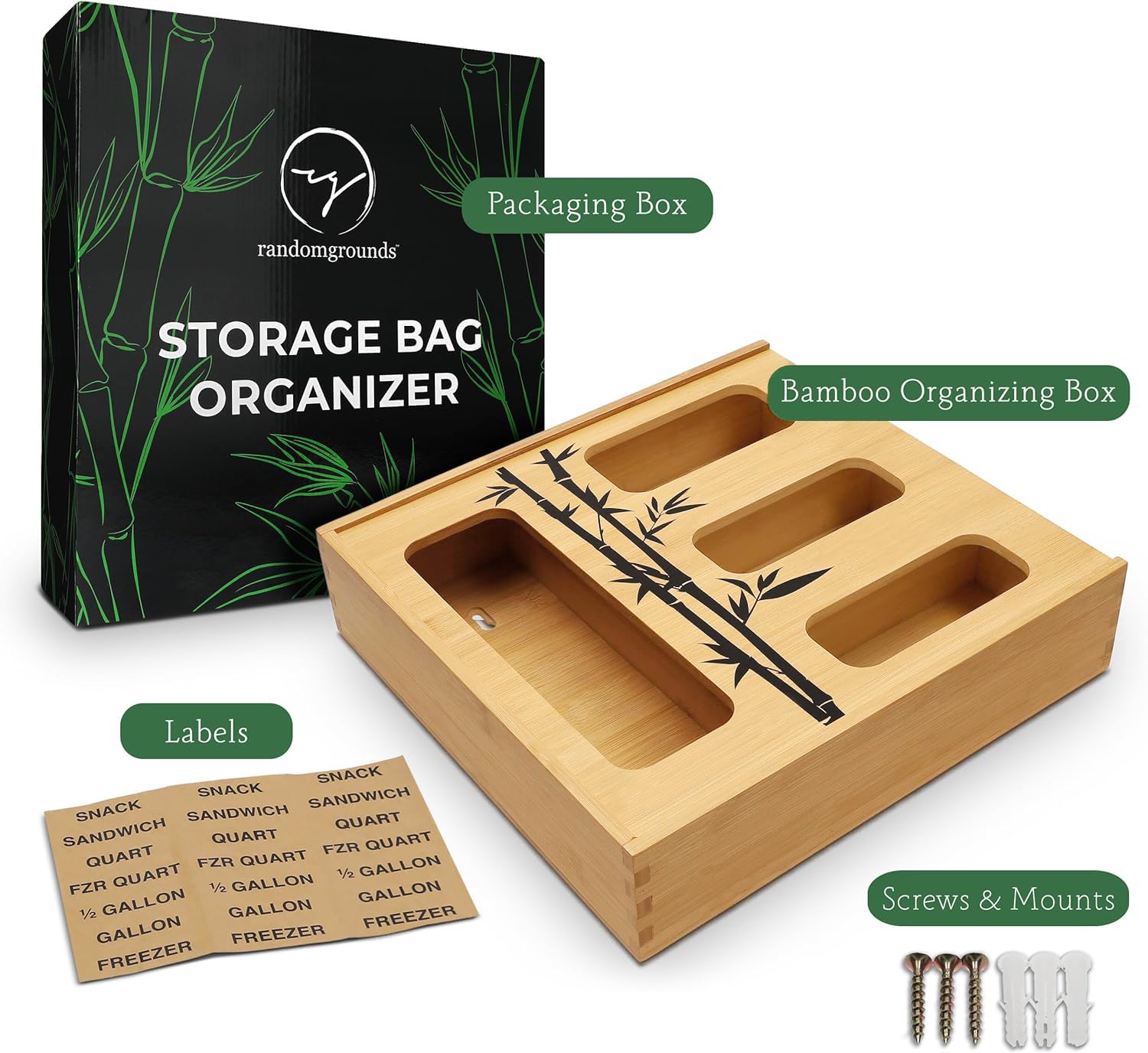 randomgrounds Zipper Bag Storage Organizer for Drawer - Artistic Design 100% Bamboo Wooden Zipper Plastic Sandwich Baggie, Zipper Home Kitchen Pantry Organization Holder with Magnetic Lock