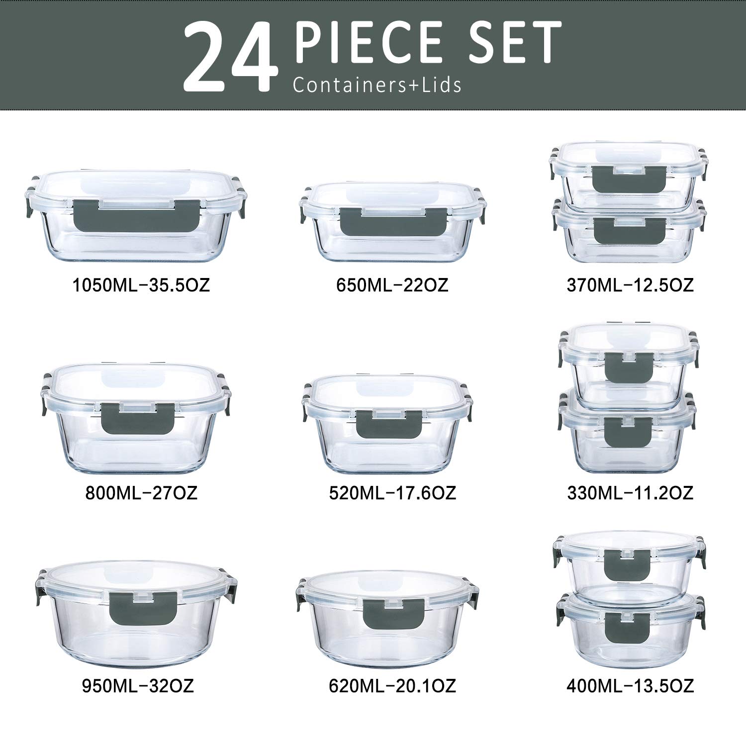 M MCIRCO 24 Pcs Glass Food Storage Containers with Lids, 8 Pcs Glass Baking Dish Set with Lids, Fridge, Microwave, Oven, Dishwasher Friendly, For Cooking, Baking