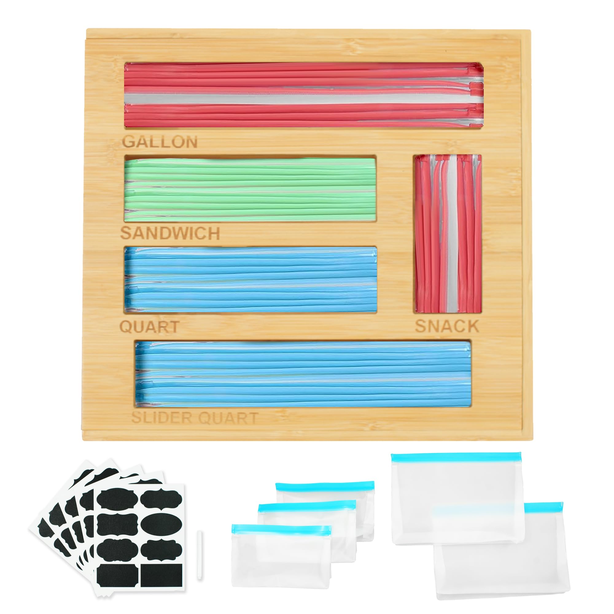 Bamboo Bag Storage Organizer + Bonus: 5 Reusable Bags and Labeling Stickers - Food Kitchen Pantry Holder for Bags, Baggies, and Storage Drawers