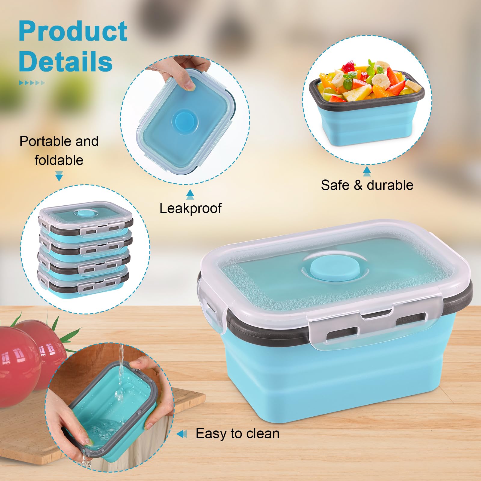 Mifoci 12 Pcs 12 oz Silicone Collapsible Food Storage Containers Bulk Rectangle Collapsible Meal Prep Container Collapsible Bowl with Clear Lids Vent, Freezer, Microwave Dishwasher Safe (Gray Blue)