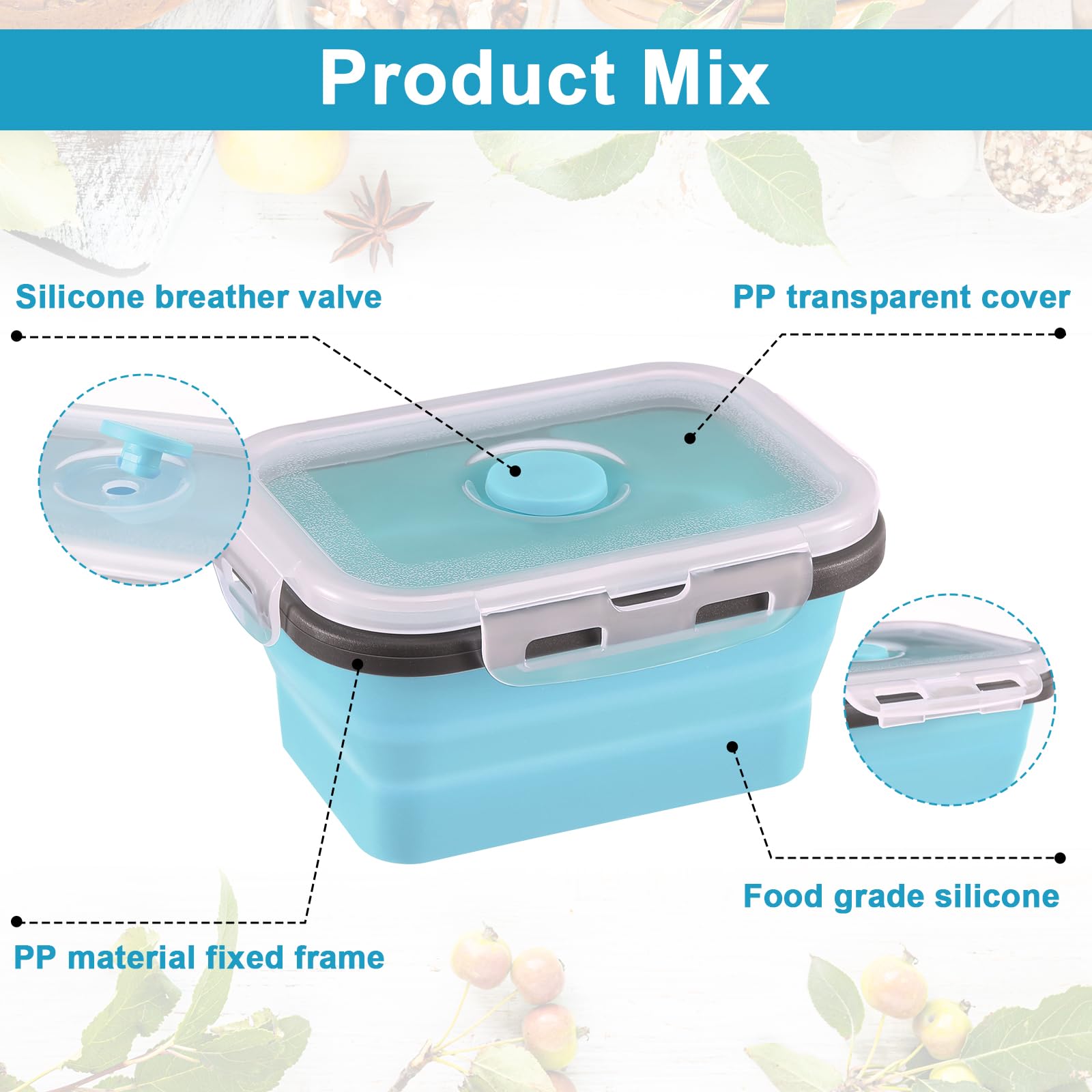 Mifoci 12 Pcs 12 oz Silicone Collapsible Food Storage Containers Bulk Rectangle Collapsible Meal Prep Container Collapsible Bowl with Clear Lids Vent, Freezer, Microwave Dishwasher Safe (Gray Blue)
