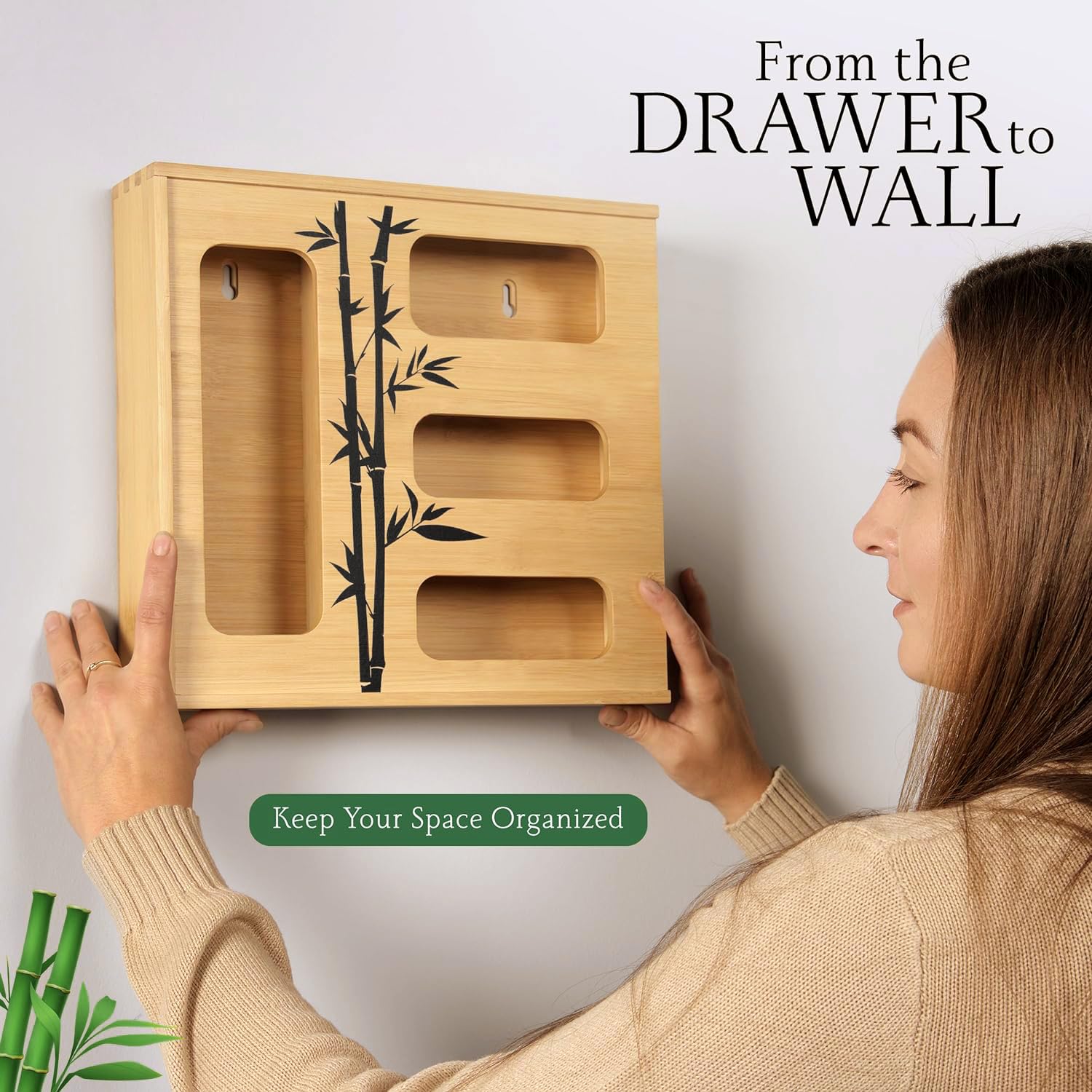 randomgrounds Zipper Bag Storage Organizer for Drawer - Artistic Design 100% Bamboo Wooden Zipper Plastic Sandwich Baggie, Zipper Home Kitchen Pantry Organization Holder with Magnetic Lock
