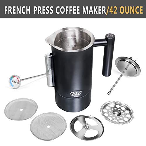 qidcfe French Press Coffee Maker ,304 Grade Stainless Steel Insulated , Easy To Clean Removable Bottom,42oz(1.2L) Coffee Press for Home Office,Dishwasher Safe (black)