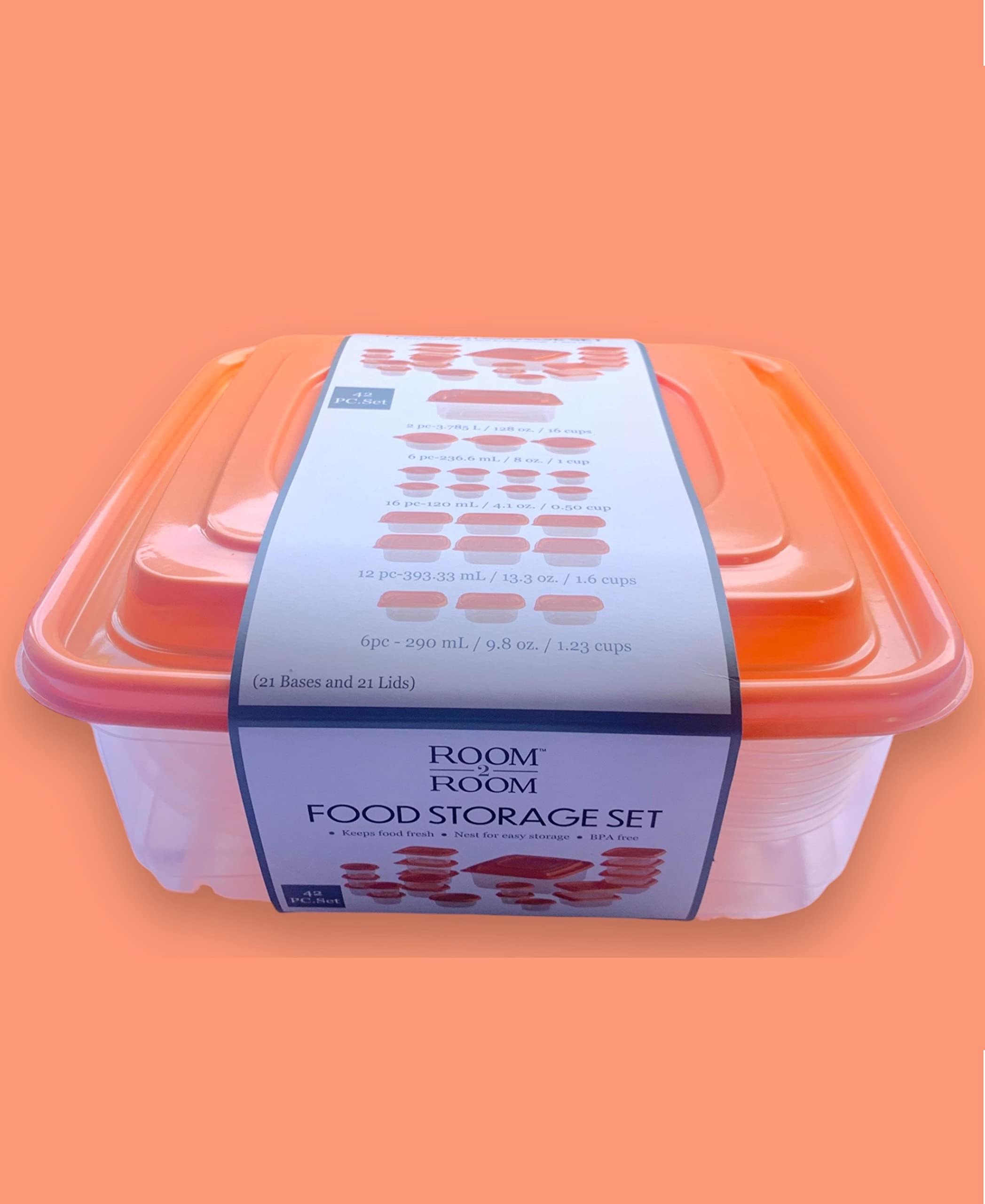 Room 2 Room 42-Piece Food Storage Container Set For Food Storage, Dishwasher Safe, Airtight, BEST VALUE (Orange)