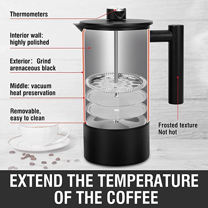 qidcfe French Press Coffee Maker ,304 Grade Stainless Steel Insulated , Easy To Clean Removable Bottom,42oz(1.2L) Coffee Press for Home Office,Dishwasher Safe (black)