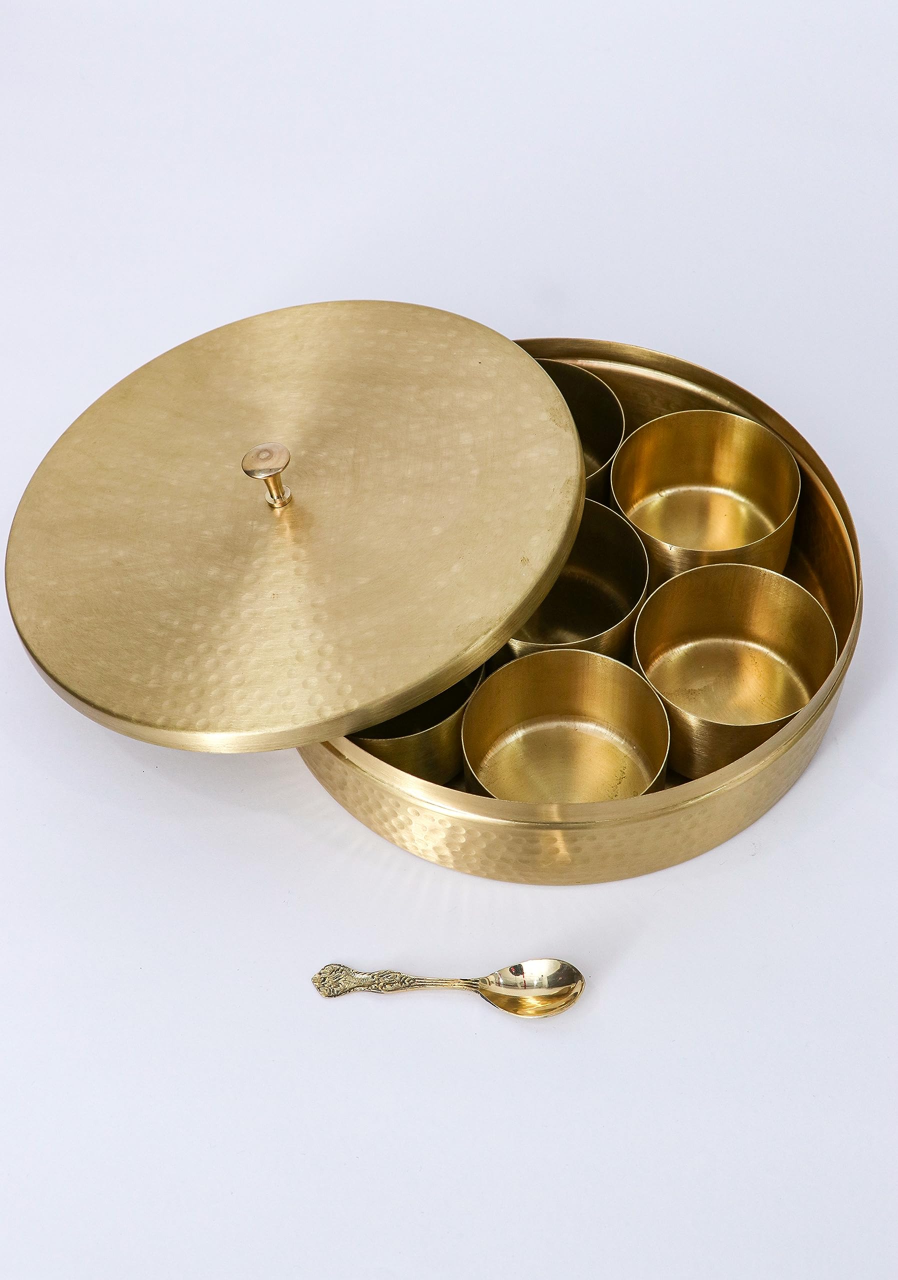 ZAARIYA Hammered Pattern Handcrafted Brass Masala/Spice Box Set With Spoon Container 90 ML-Food Spice Storage Rack Indian Boxes Dani Dabba For Kitchen (8-INCH)