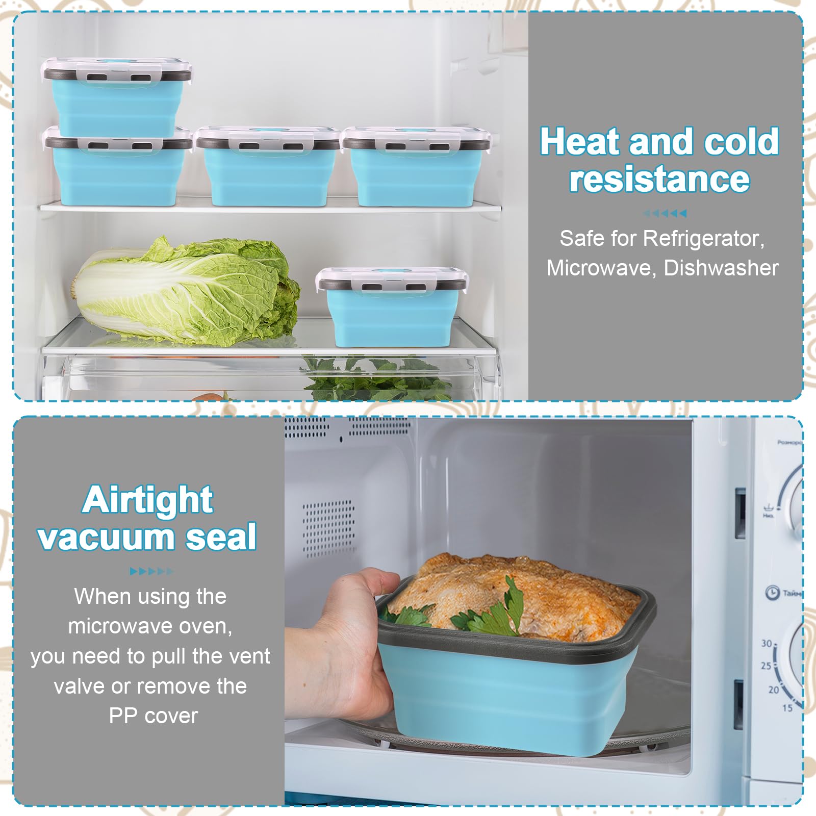 Mifoci 12 Pcs 12 oz Silicone Collapsible Food Storage Containers Bulk Rectangle Collapsible Meal Prep Container Collapsible Bowl with Clear Lids Vent, Freezer, Microwave Dishwasher Safe (Gray Blue)