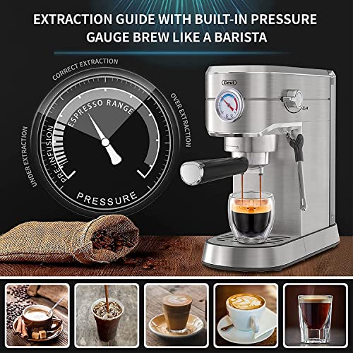 Gevi 20 Bar Compact Professional Espresso Coffee Machine with Milk Frother/Steam Wand for Espresso, Latte and Cappuccino, Stainless Steel, 35 Oz Removable Water Tank (Machine)