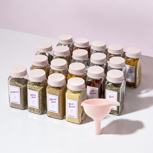 Paris Hilton Glass Spice Jar Storage Set, 4-Ounce Empty Spice Jars with Labels, Shaker Caps and Metal Lids, Collapsible Funnel Included, 20-Piece, Pink