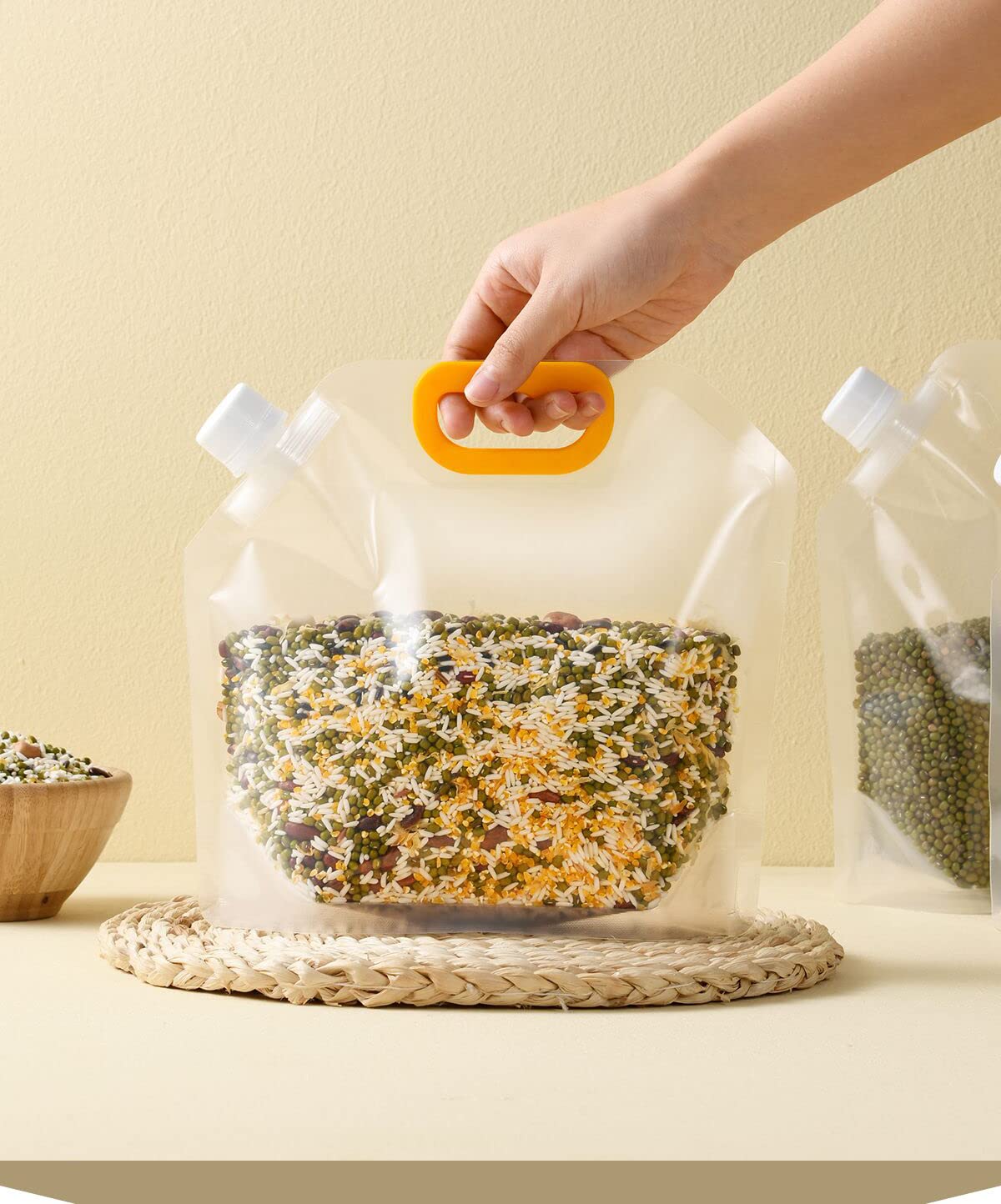 PENCK 2.5L Moisturize Proof Storage Bags 5Pcs Reusable Plastic Bags Emergency Water Storage Large Capacity Clear Cereal Dry Food Containers Stand Up Grain Sealed Bag with Funnel