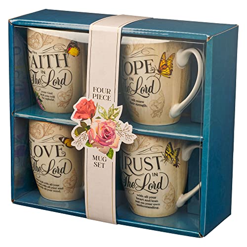 Christian Art Gifts Novelty Floral Ceramic Scripture Coffee & Tea Mug Set: Hope, Trust, Faith, Love - 4 Fancy Medium 12 oz. Cups w/Butterflies & Bible Verses, Multicolor Blue/Pink/Green/Orange Floral