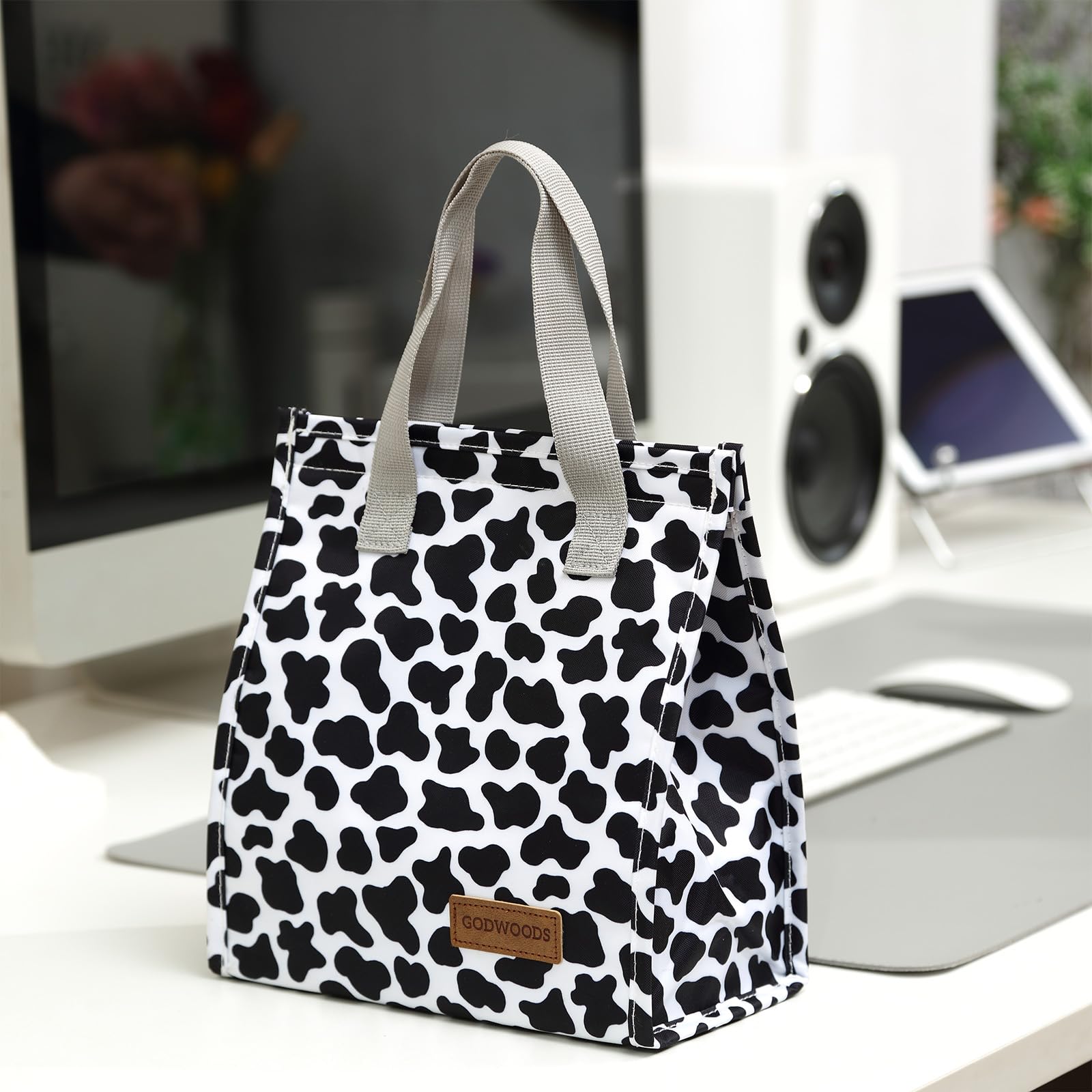 GODWOODS Insulated Lunch Bag for Women Men Large Lunch Box Container Reusable Leakproof Tote for Office, Work, Beach or Travel (Cow Print Lunch Bag)