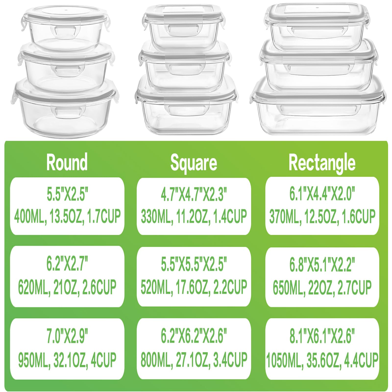 HOMBERKING Glass Food Storage Containers with Lids, [18 Piece] Glass Meal Prep Containers, Airtight Glass Lunch Bento Boxes, BPA-Free & Leak Proof (9 lids & 9 Containers) - Grey
