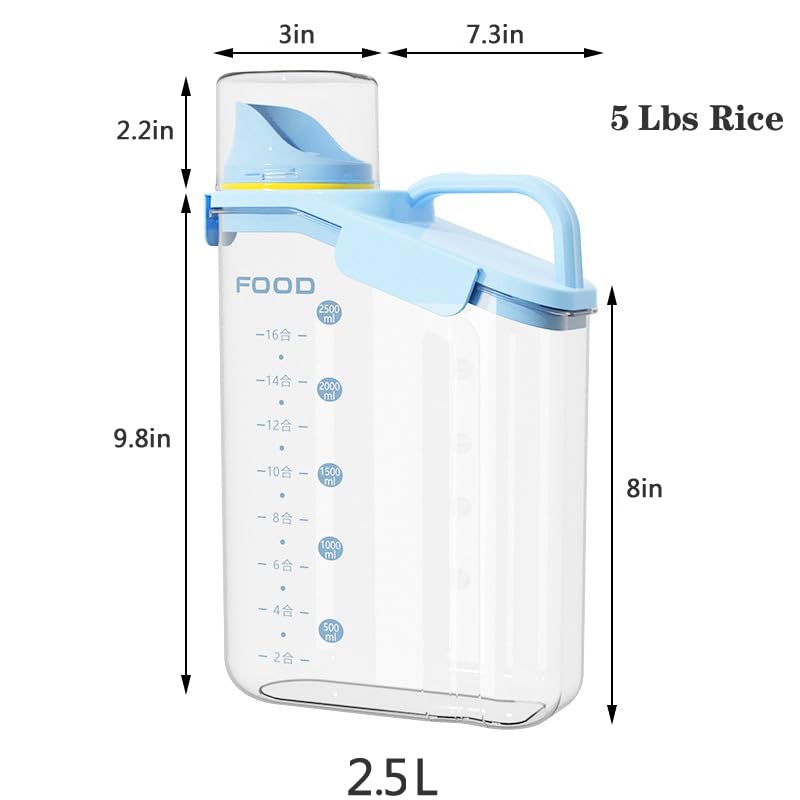 Total 2 items Cereal Containers Storage,Each2.5L Airtight Large Dry Food Storage .1 Blue 1 White.with Measuring Cup,BPA Free Plastic Dispenser,Suitable for Storing Grains Flour and Various Foods.