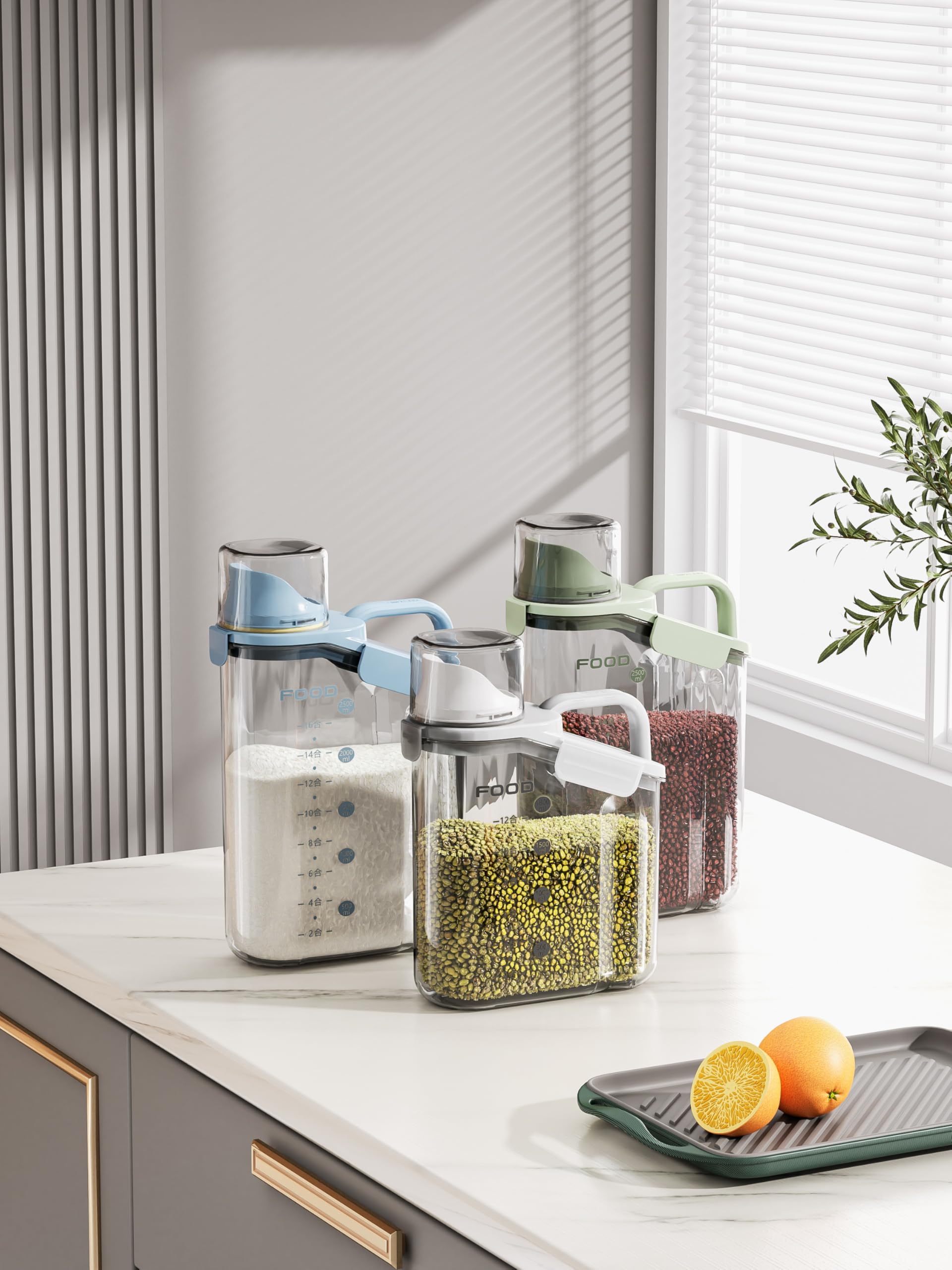 Total 2 items Cereal Containers Storage,Each2.5L Airtight Large Dry Food Storage .1 Blue 1 White.with Measuring Cup,BPA Free Plastic Dispenser,Suitable for Storing Grains Flour and Various Foods.