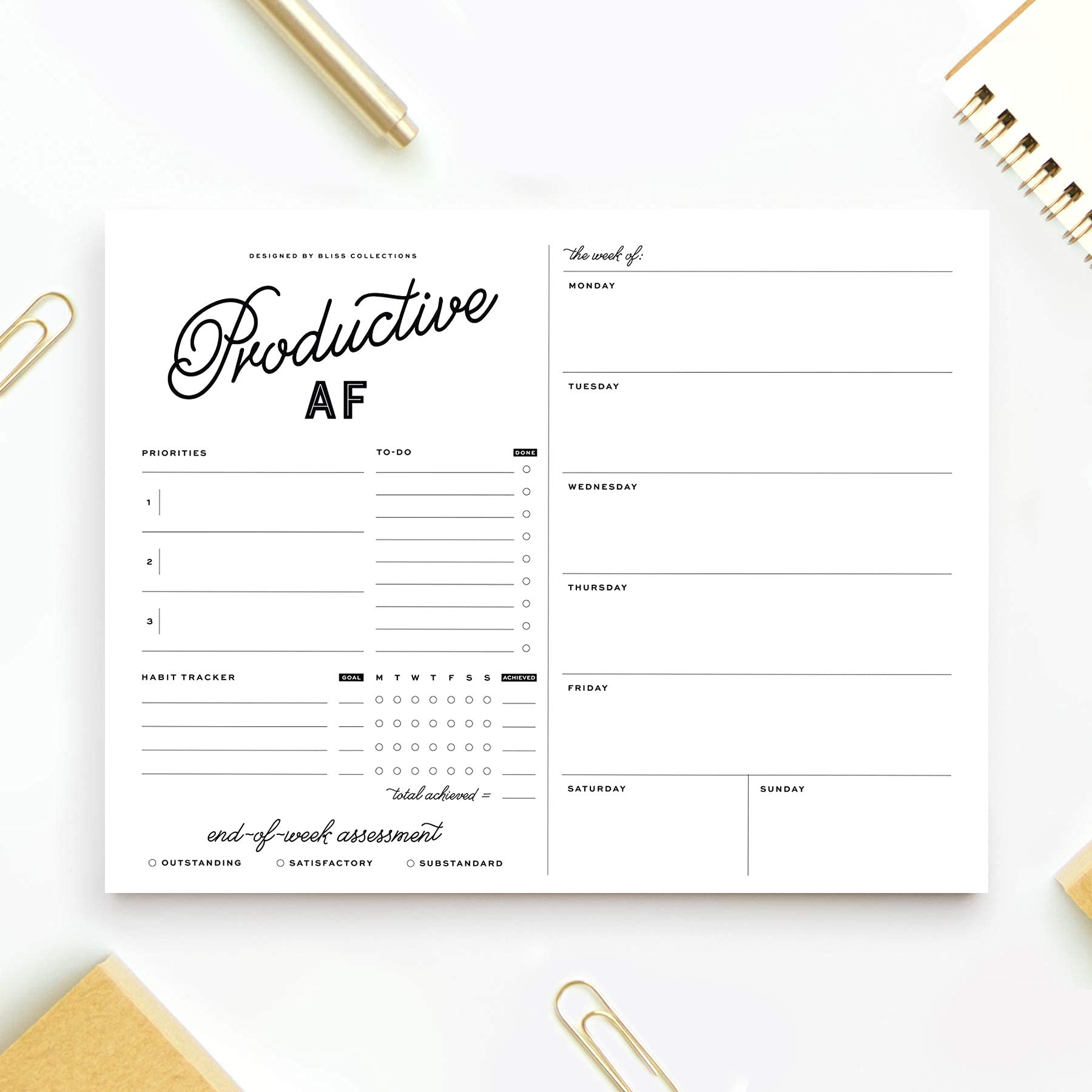 Bliss Collections Weekly Planner, Productive AF, Undated Tear-Off Sheets Notepad Includes Calendar, Organizer, Scheduler for Goals, Tasks, Ideas, Notes, To Do Lists and Habit Tracker, 8.5"x11" (50 Sheets)