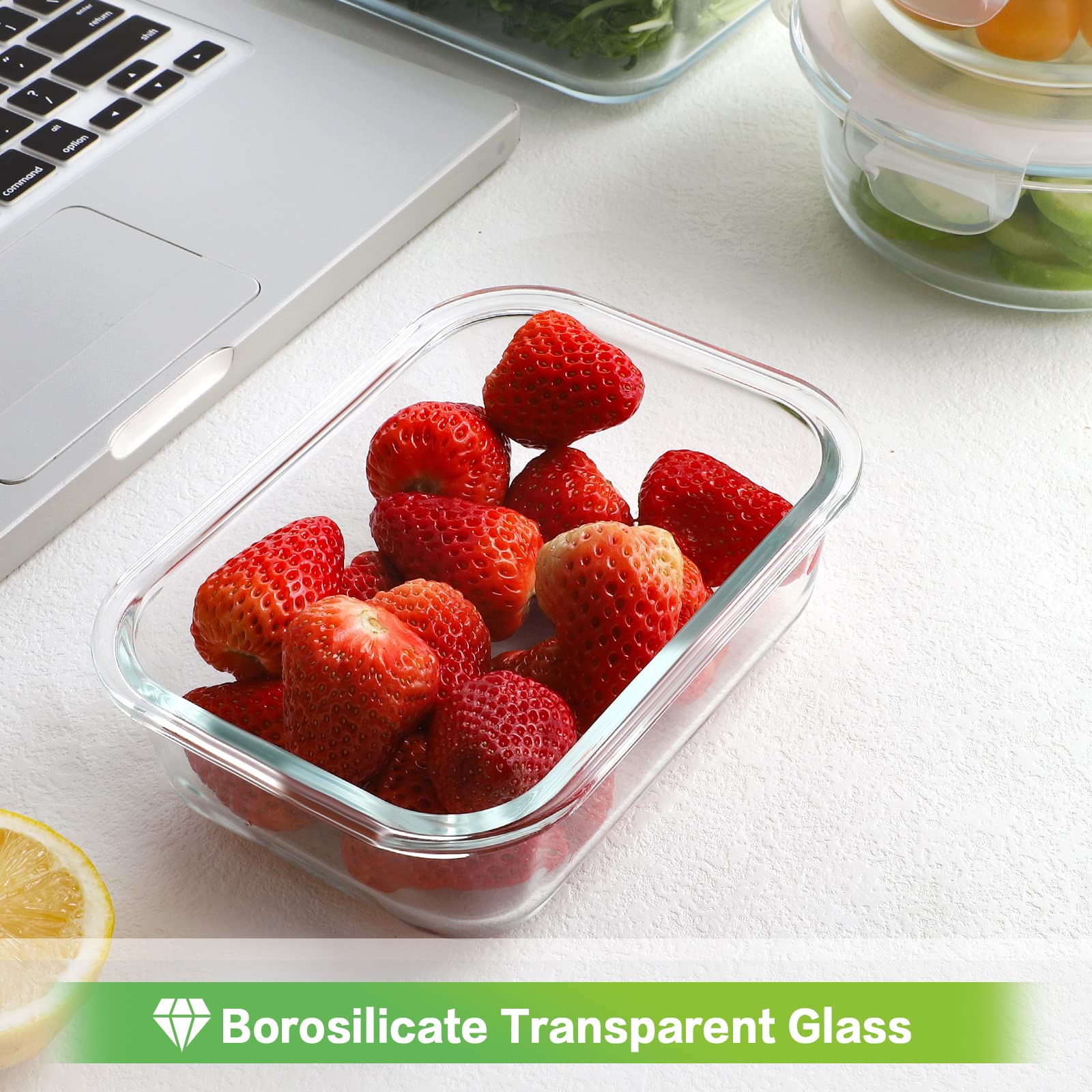 HOMBERKING Glass Food Storage Containers with Lids, [18 Piece] Glass Meal Prep Containers, Airtight Glass Lunch Bento Boxes, BPA-Free & Leak Proof (9 lids & 9 Containers) - Grey