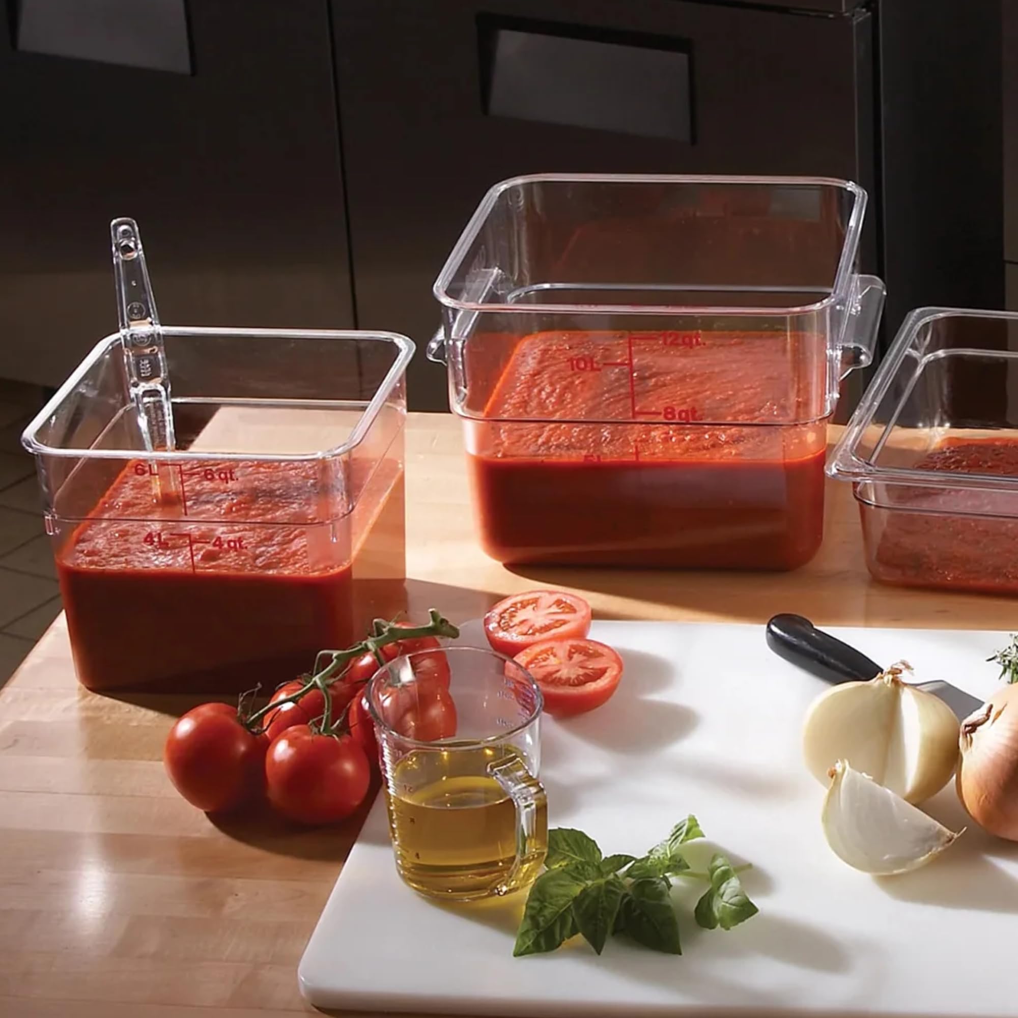 Lumintrail Cambro 6 Quart CamSquare Plastic Storage Container, Translucent, and Red Lid, Bundle with a Measuring Spoon Set (6SFSPP190), BPA Free Plastic