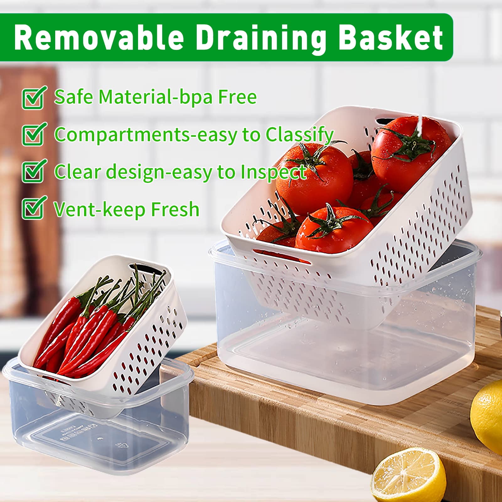 Pack of 3 Fruit Fresh Produce Protector, Grape Container for Fridge, Fruit Saver Lettuce Container with Drain Colanders, Partitioned Salad Container, Refrigerator Organizer for Lettuce Berry Food (3)