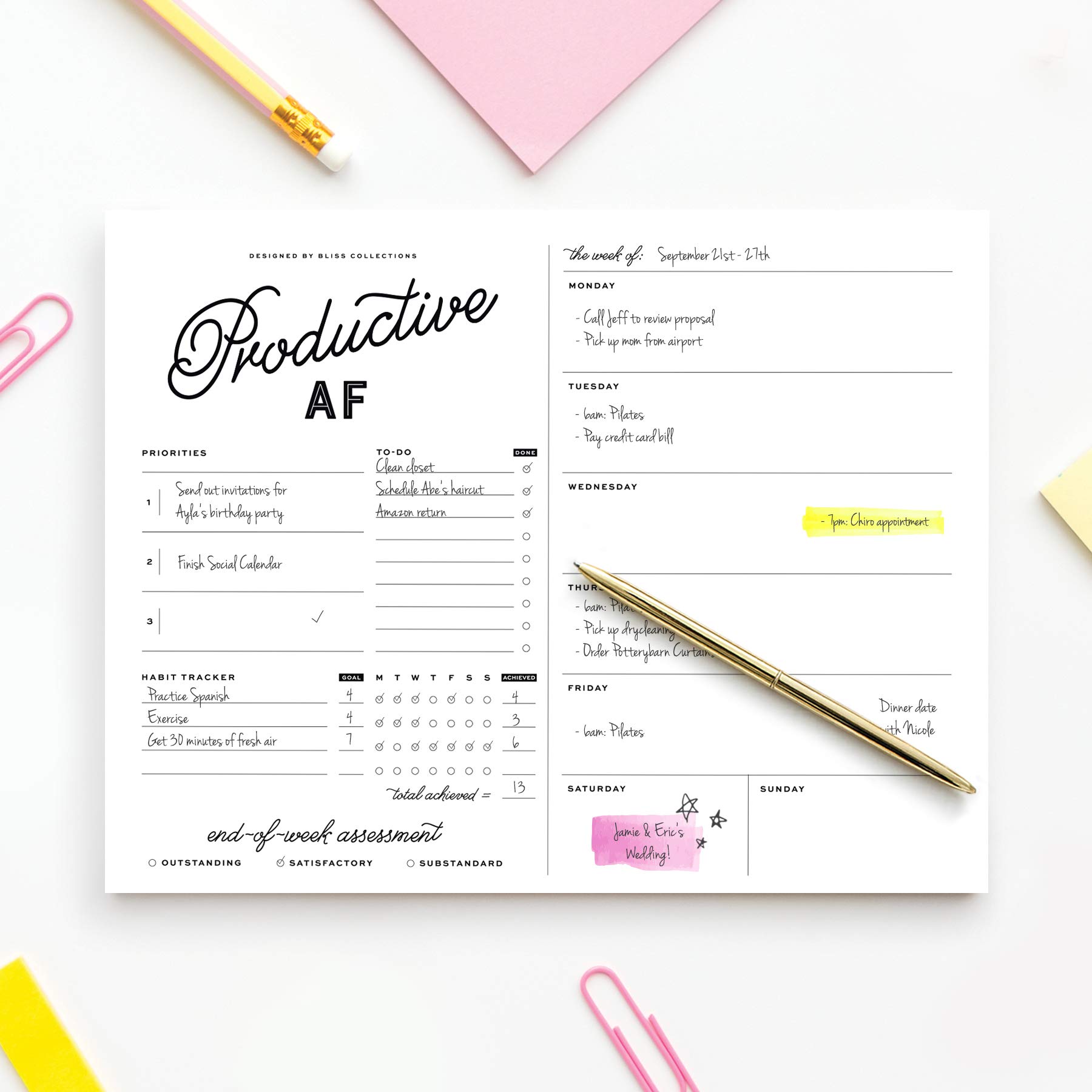 Bliss Collections Weekly Planner, Productive AF, Undated Tear-Off Sheets Notepad Includes Calendar, Organizer, Scheduler for Goals, Tasks, Ideas, Notes, To Do Lists and Habit Tracker, 8.5"x11" (50 Sheets)